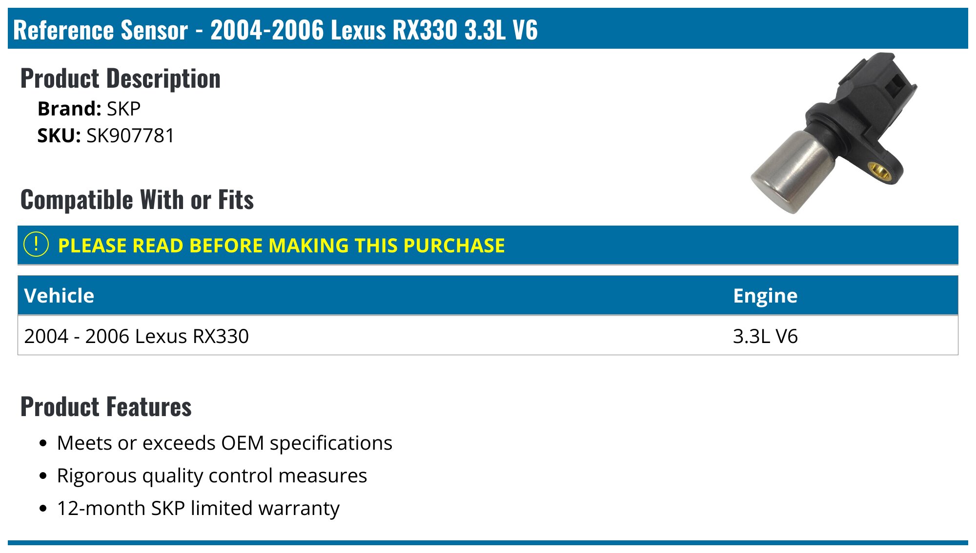 2004-2006 Lexus RX330 Crank Position Sensor - SKP SK907781 - PartsGeek.com