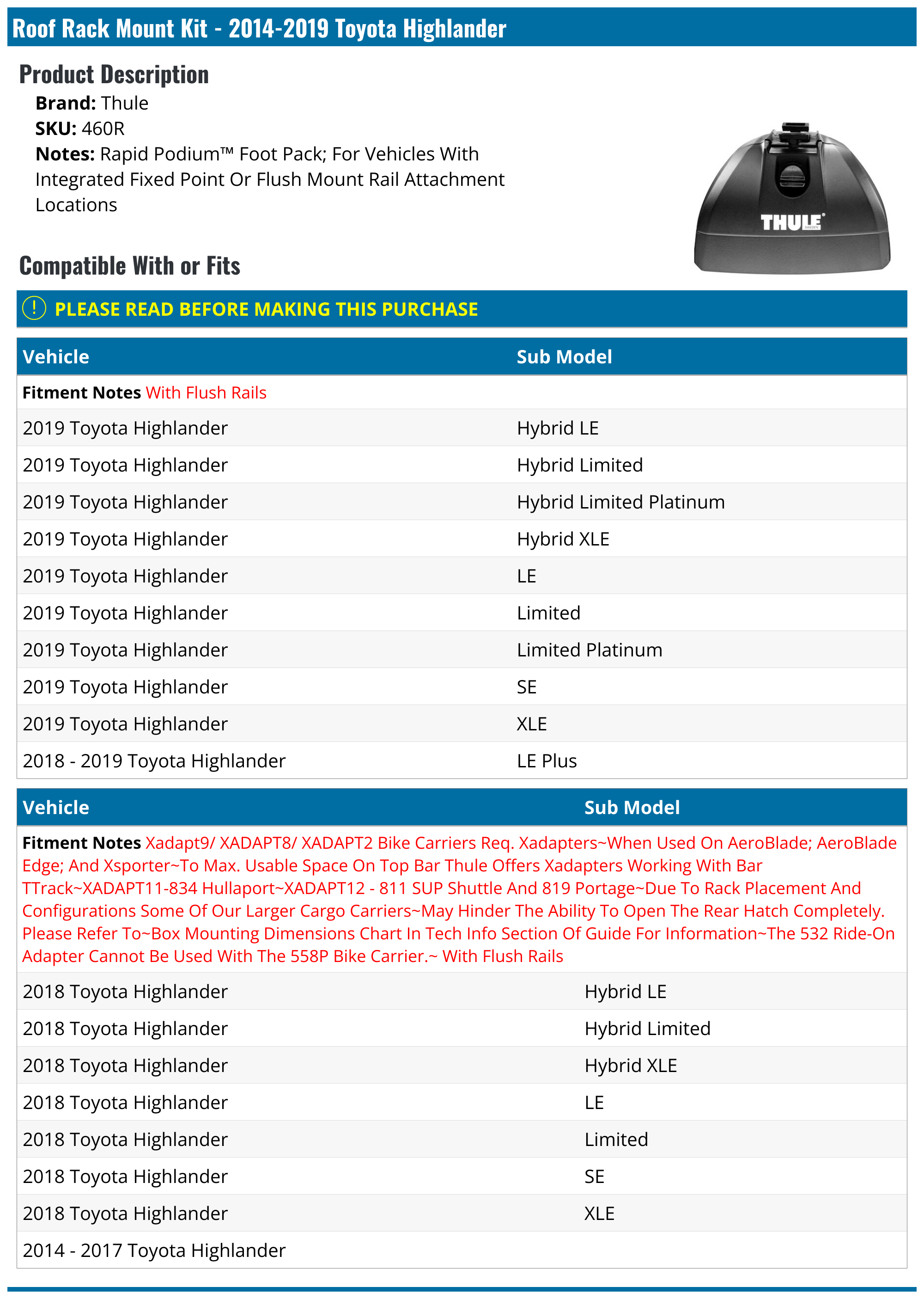 2014-2019 Toyota Highlander Roof Rack - Thule 460R - PartsGeek.com