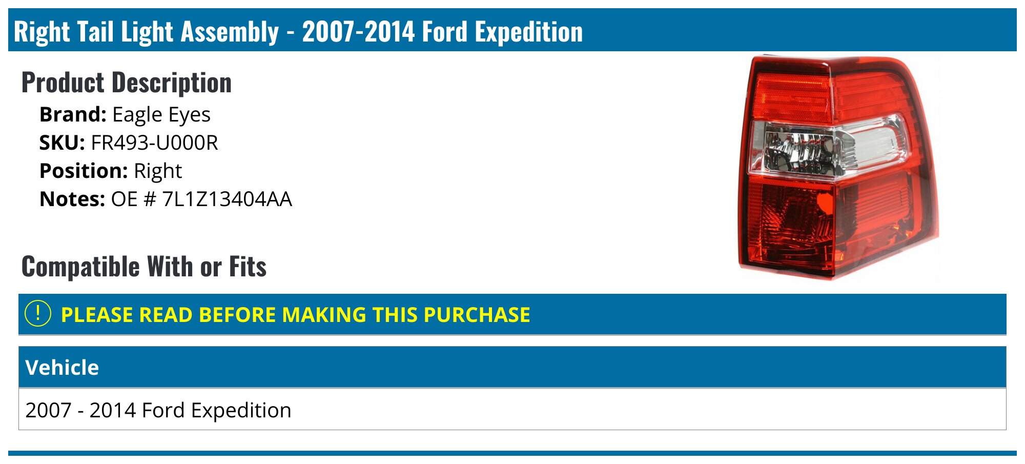 2007-2014 Ford Expedition Tail Light Assembly - Eagle Eyes FR493-U000R ...