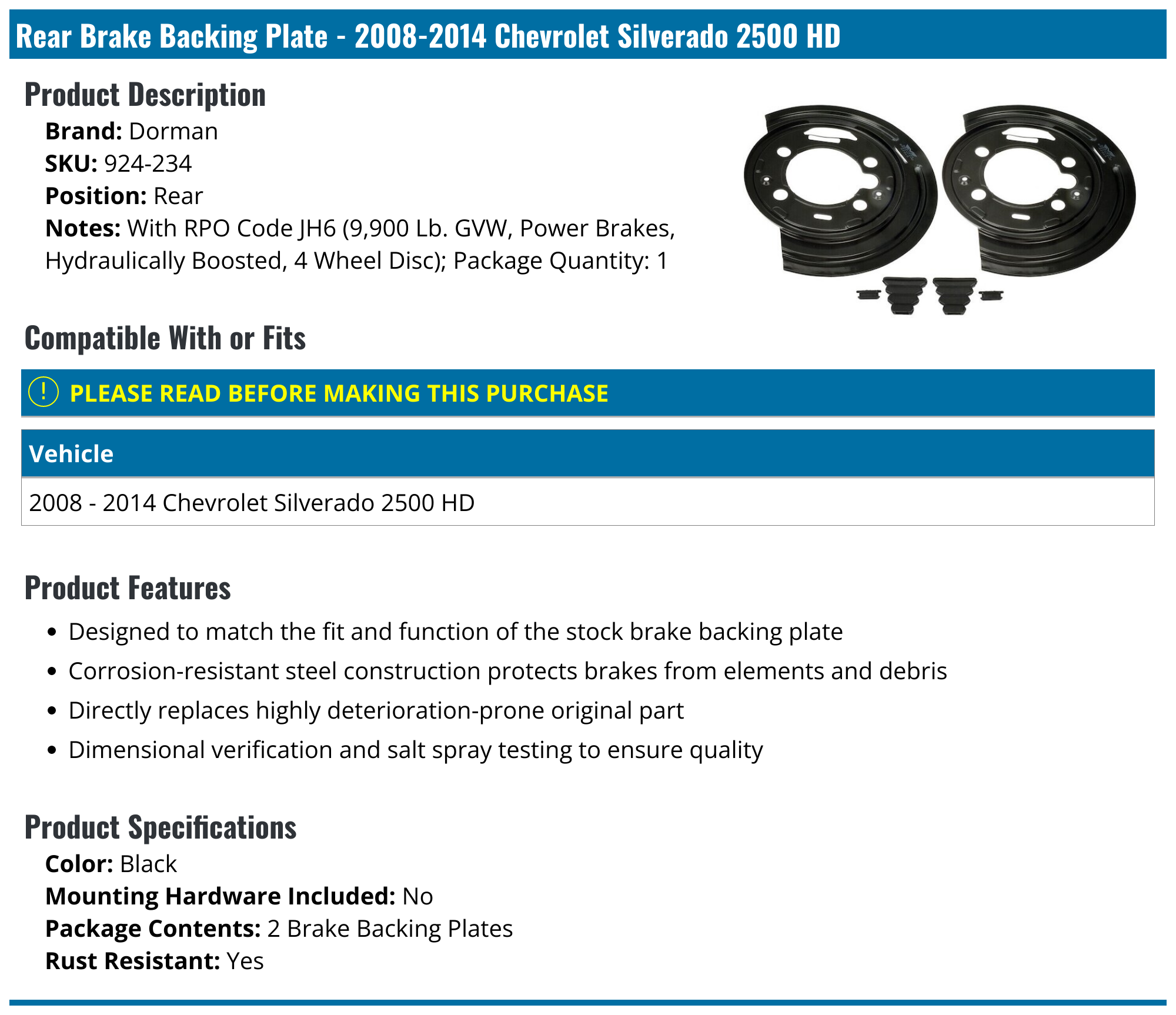 2008-2014 Chevrolet Silverado 2500 HD Brake Backing Plate - Dorman 924 ...