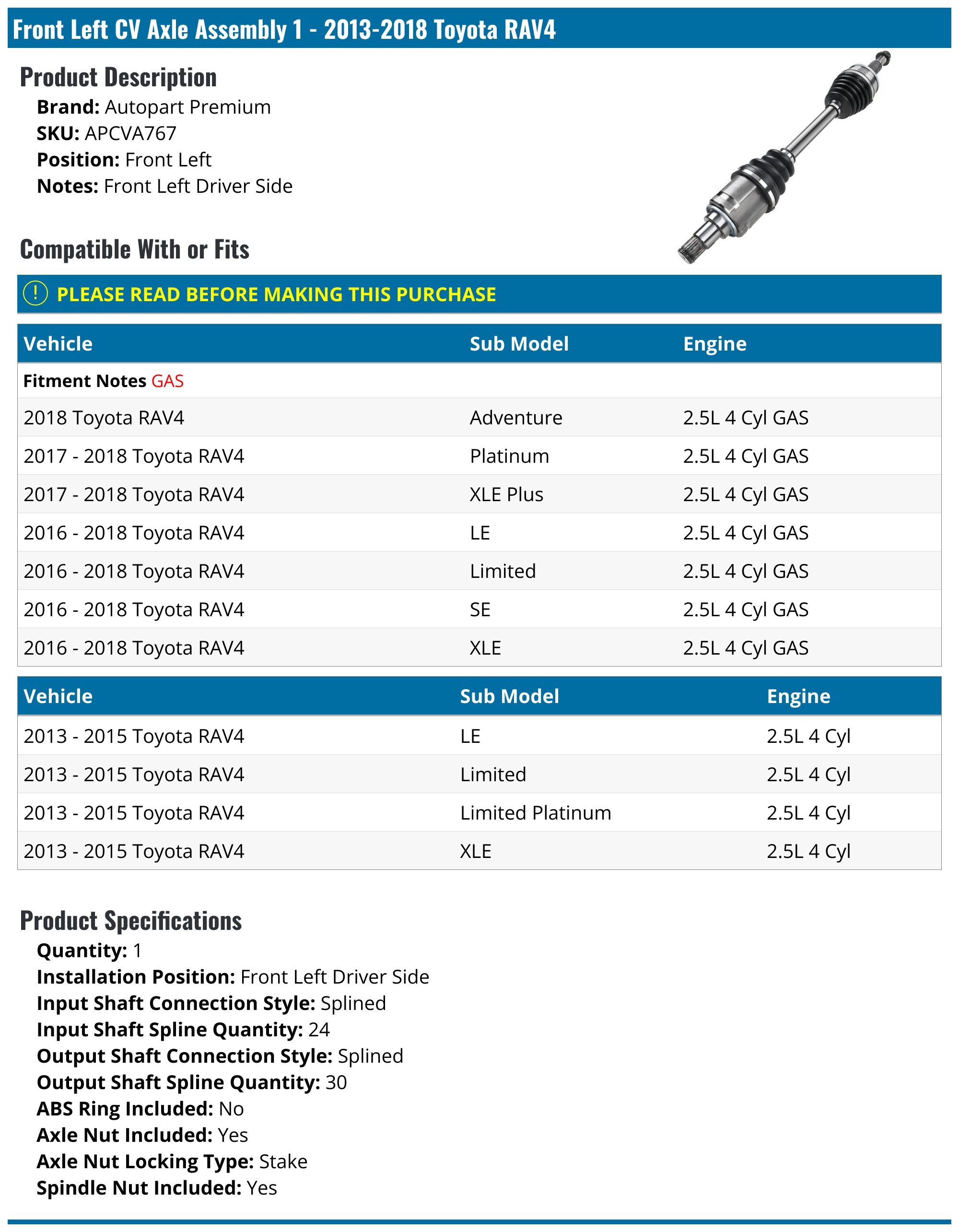 2013-2018 Toyota RAV4 Axle Assembly - Autopart Premium APCVA767 - Front ...