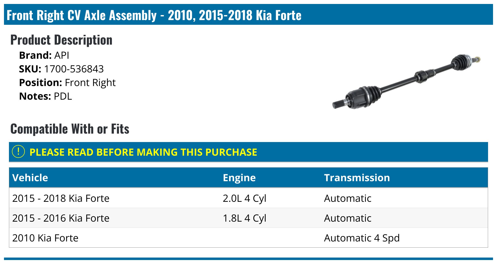 2010, 2015-2018 Kia Forte Axle Assembly - API 30455-07345722 - Front ...