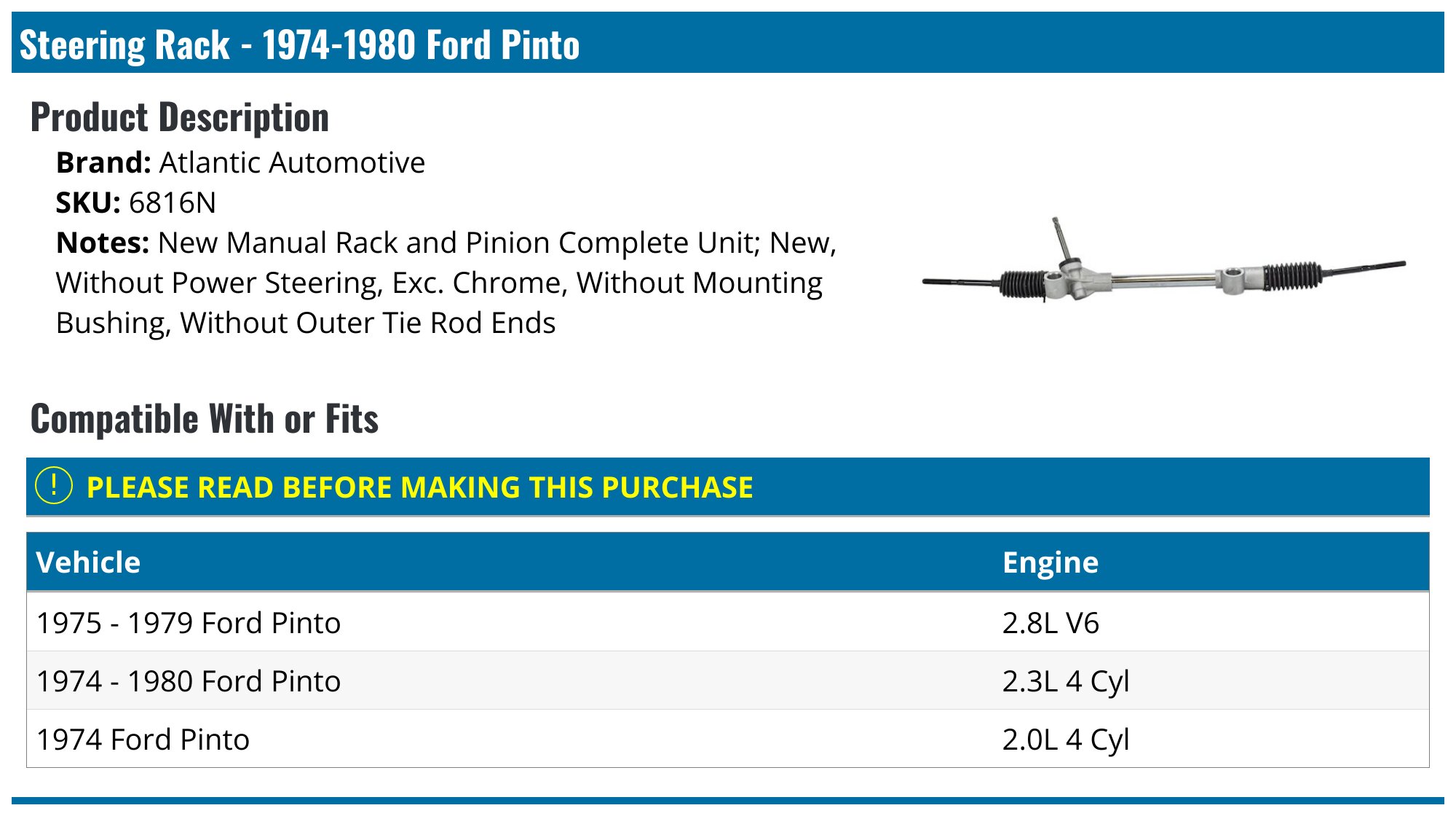 1974-1980 Ford Pinto Steering Rack - Atlantic Automotive 6816N ...