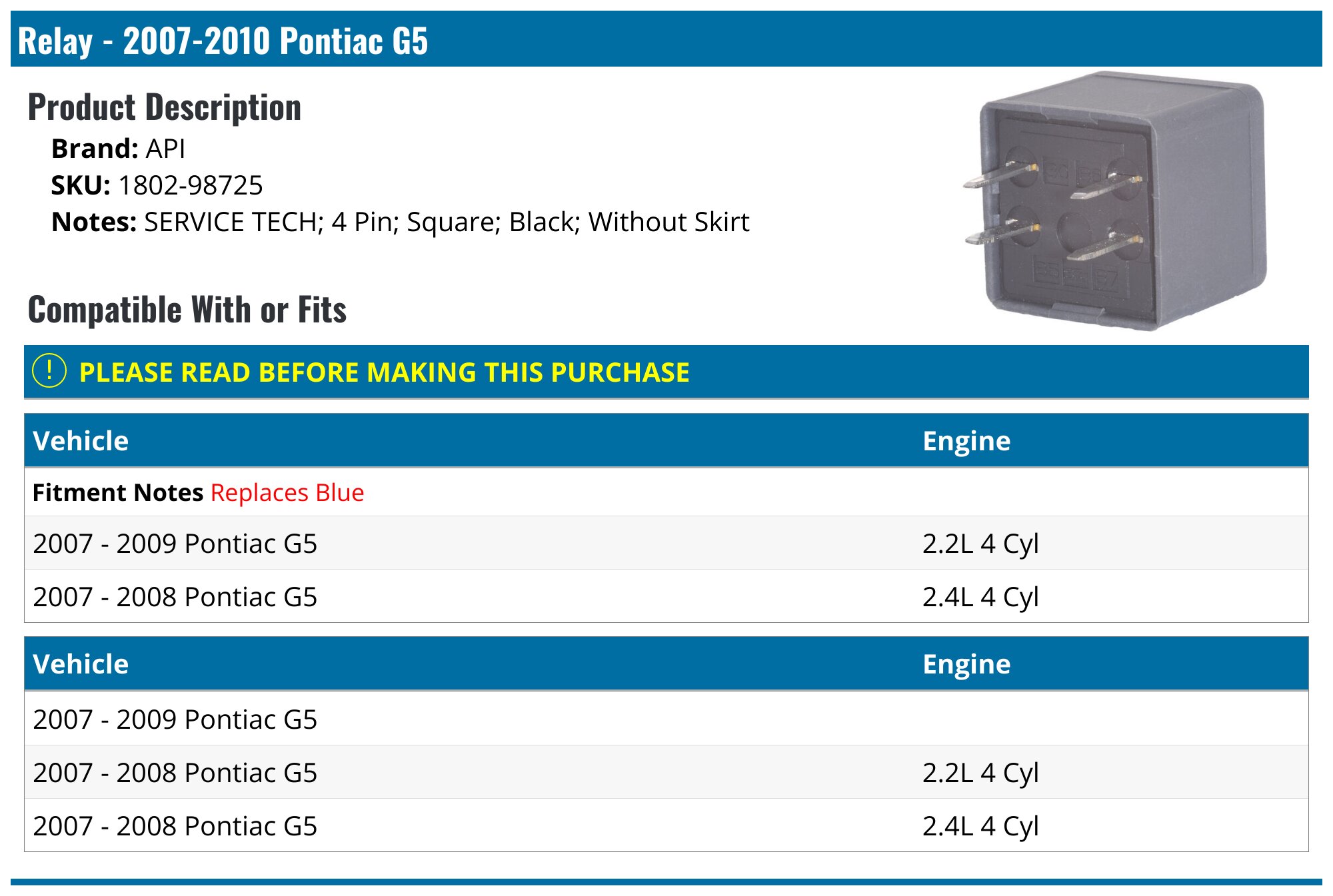 2007-2010 Pontiac G5 Relay - API 19092-07423872 - PartsGeek.com