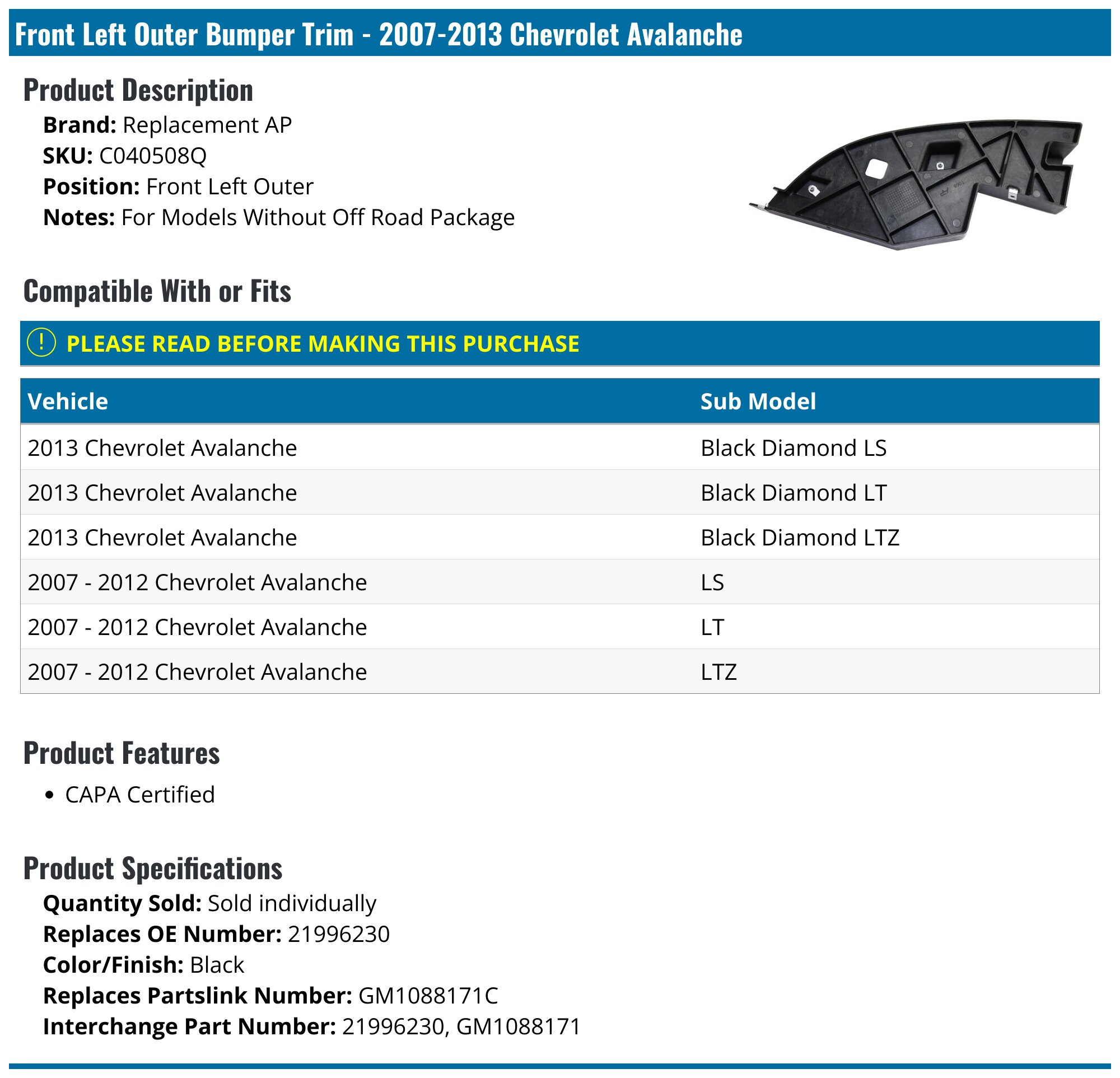 2007-2013 Chevrolet Avalanche Bumper Trim - Replacement AP C040508Q ...