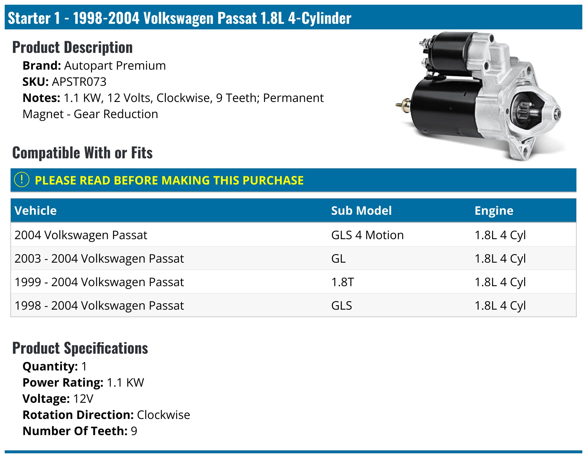 1998-2004 Volkswagen Passat Starter - Autopart Premium APSTR073 ...