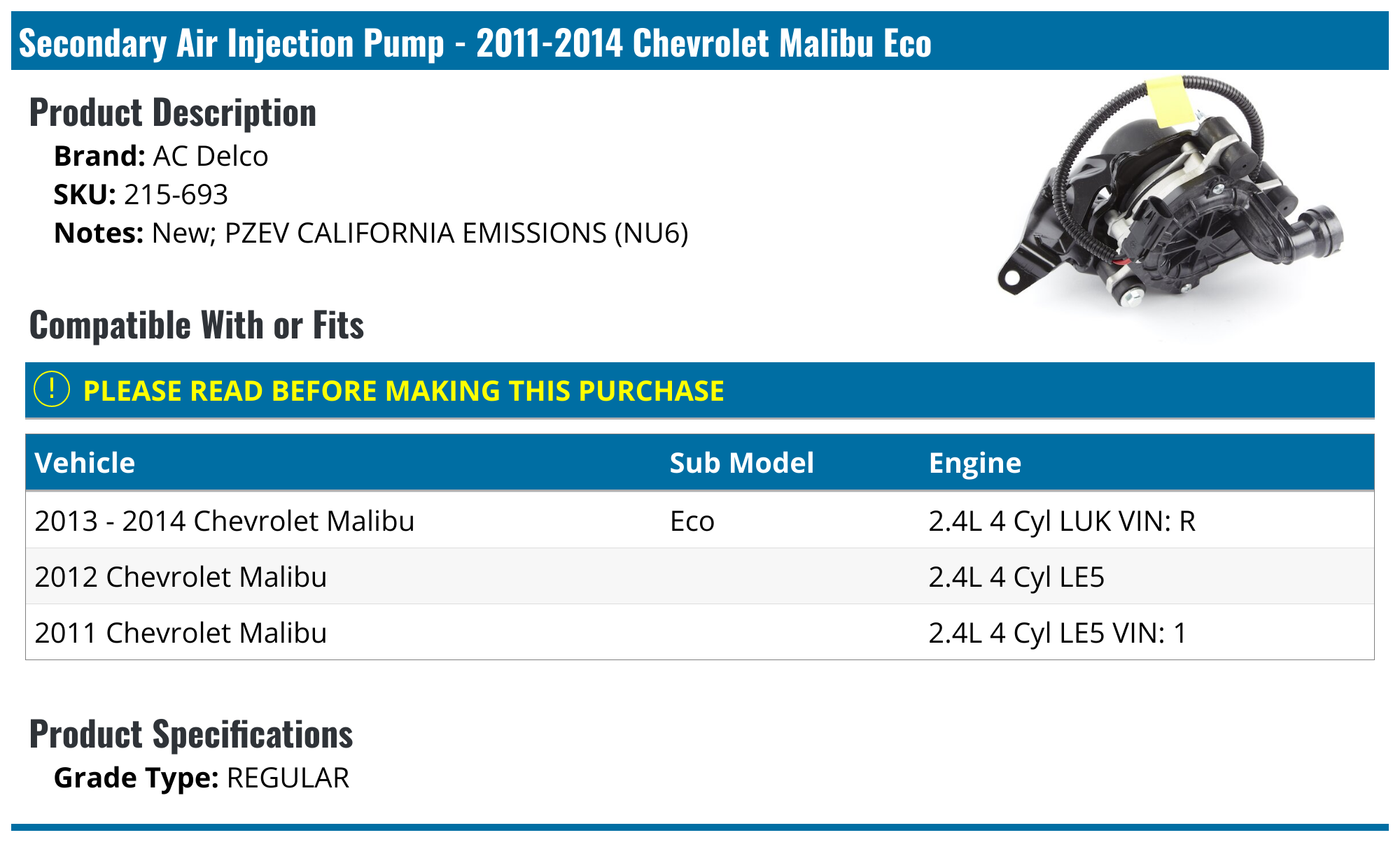 2011-2014 Chevrolet Malibu Air Pump - AC Delco 215-693 - PartsGeek.com