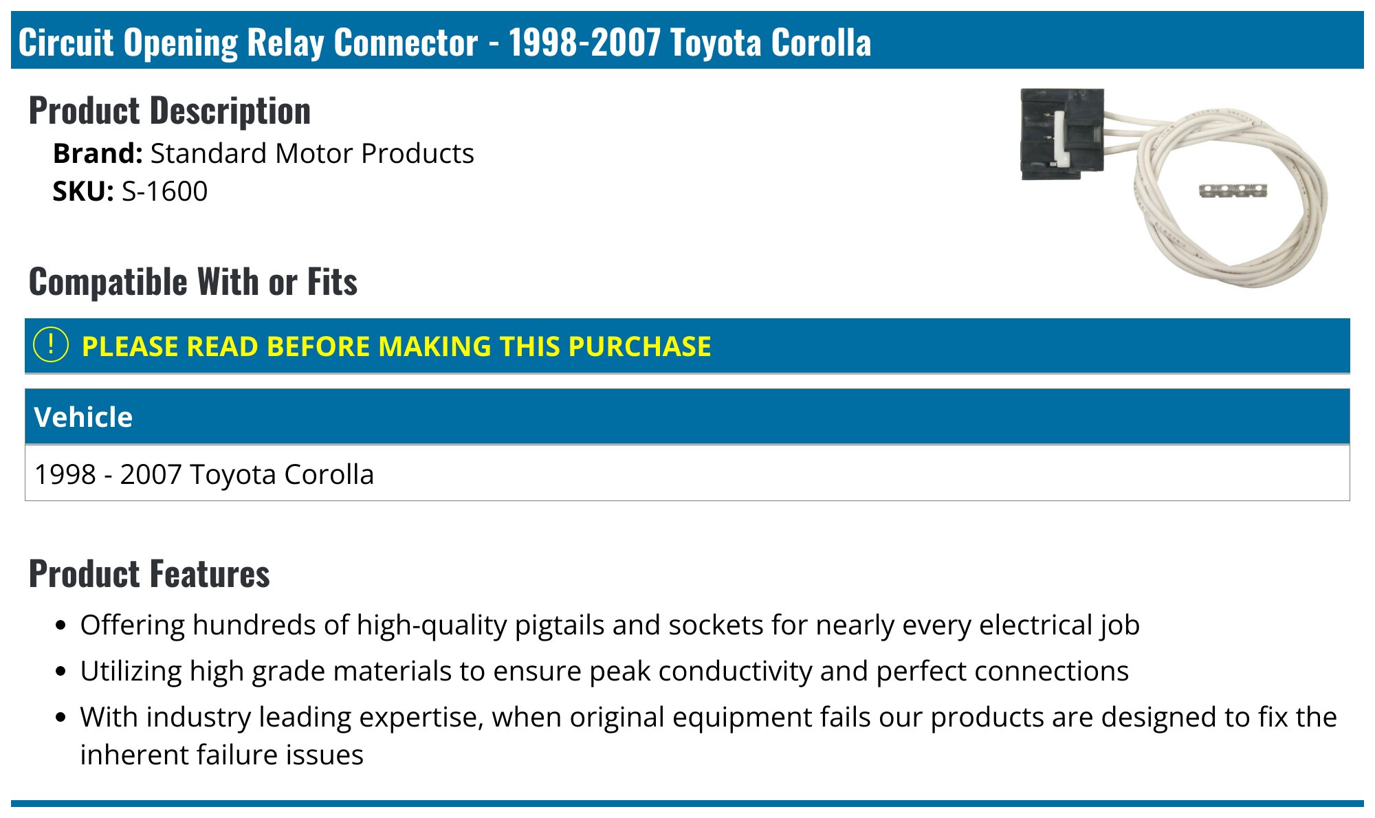 1998-2007 Toyota Corolla Circuit Opening Relay Connector - Standard ...