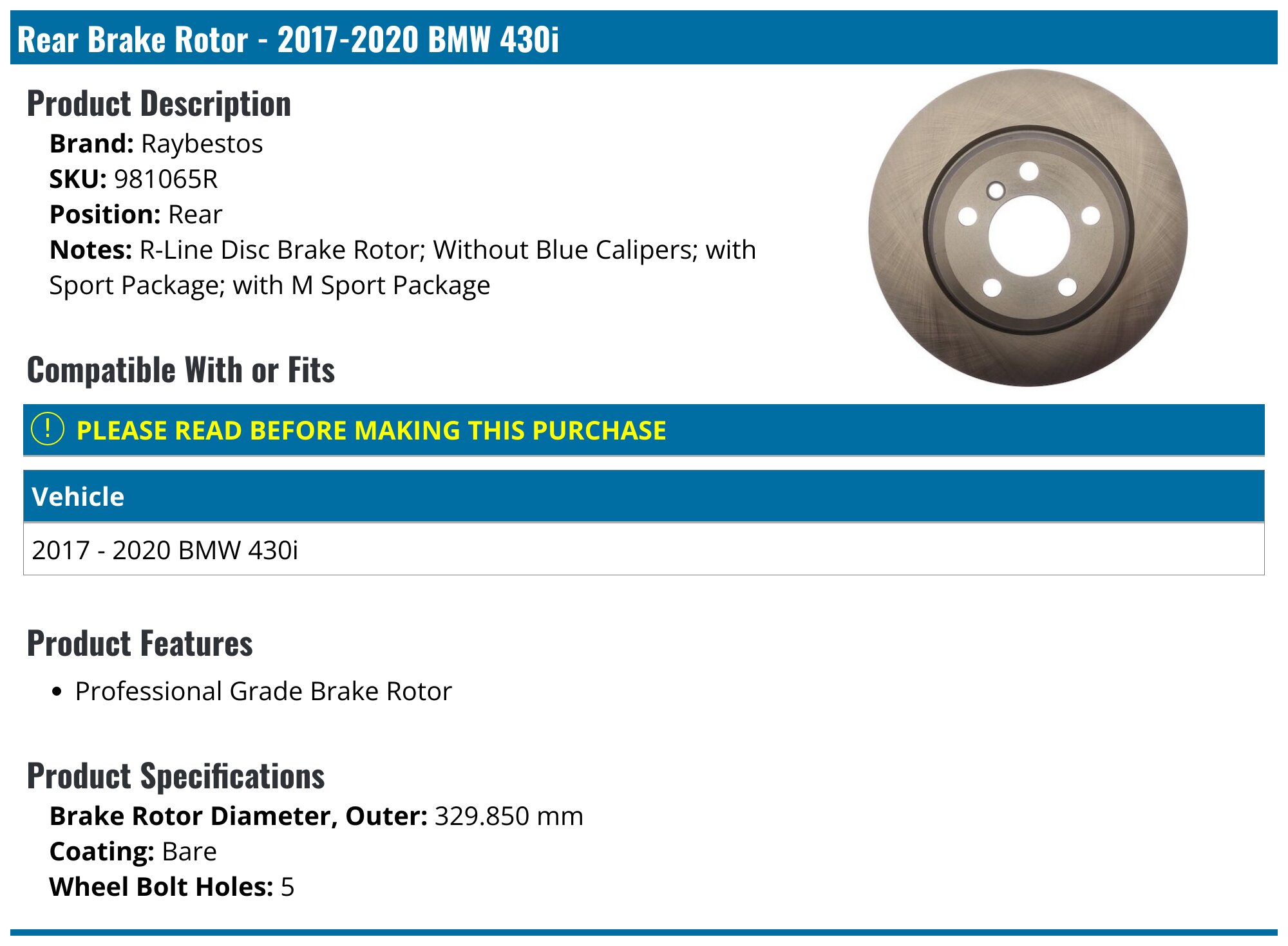 2017-2020 BMW 430i Brake Rotor - Raybestos 981065R - Rear - PartsGeek.com