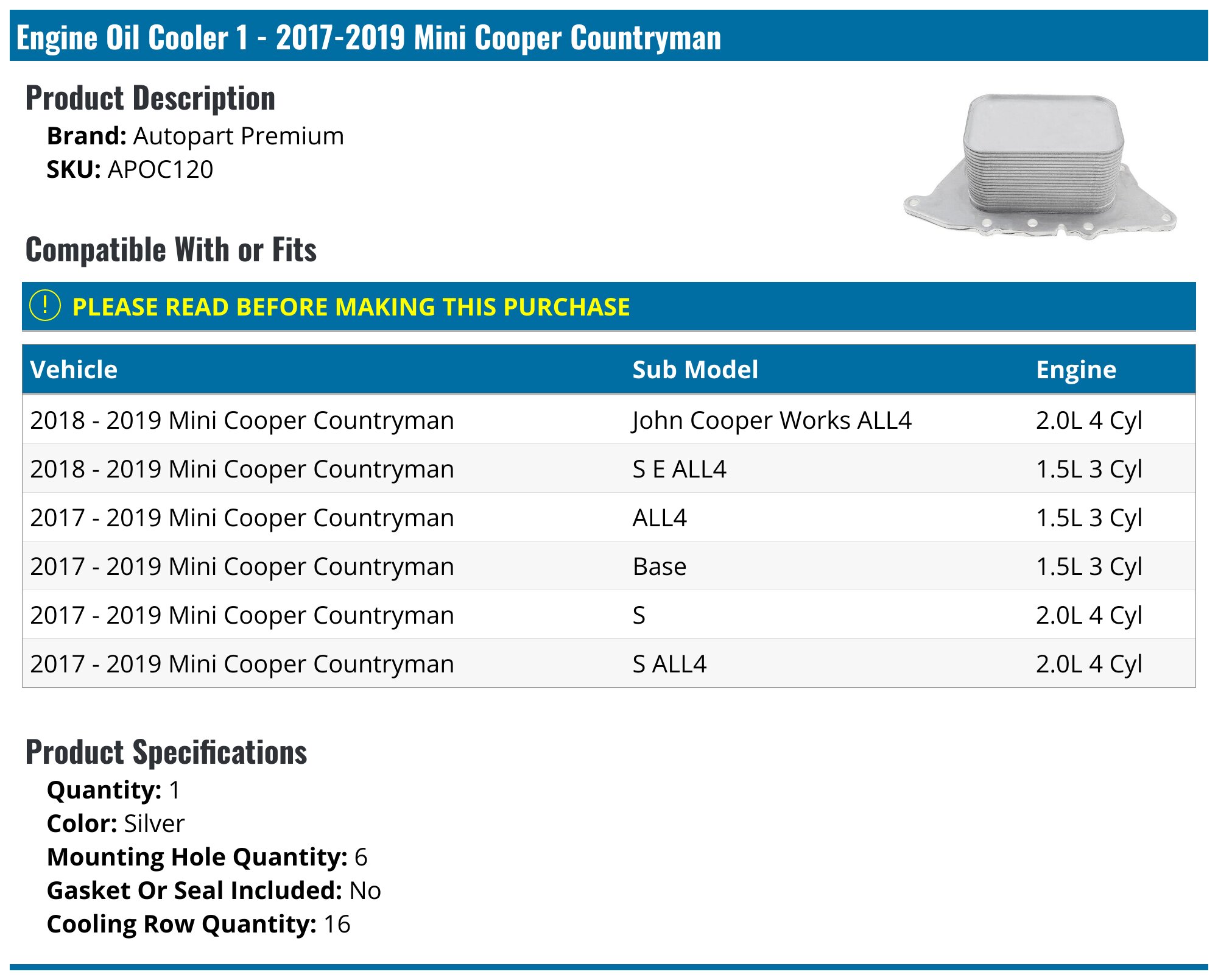 2017-2019 Mini Cooper Countryman Oil Cooler - Autopart Premium APOC120 ...