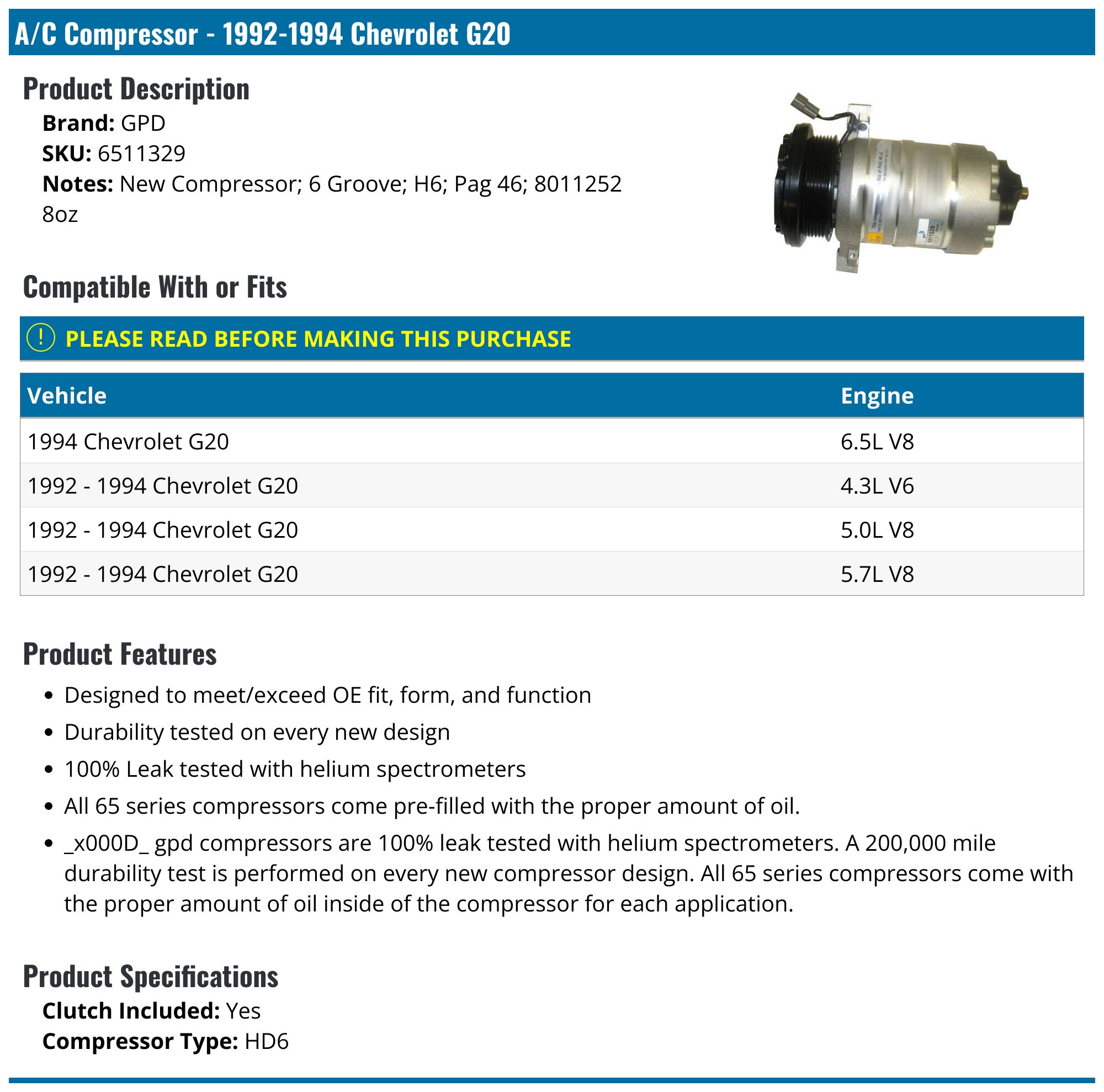 1992-1994 Chevrolet G20 A/C Compressor - GPD 6511329 - PartsGeek.com