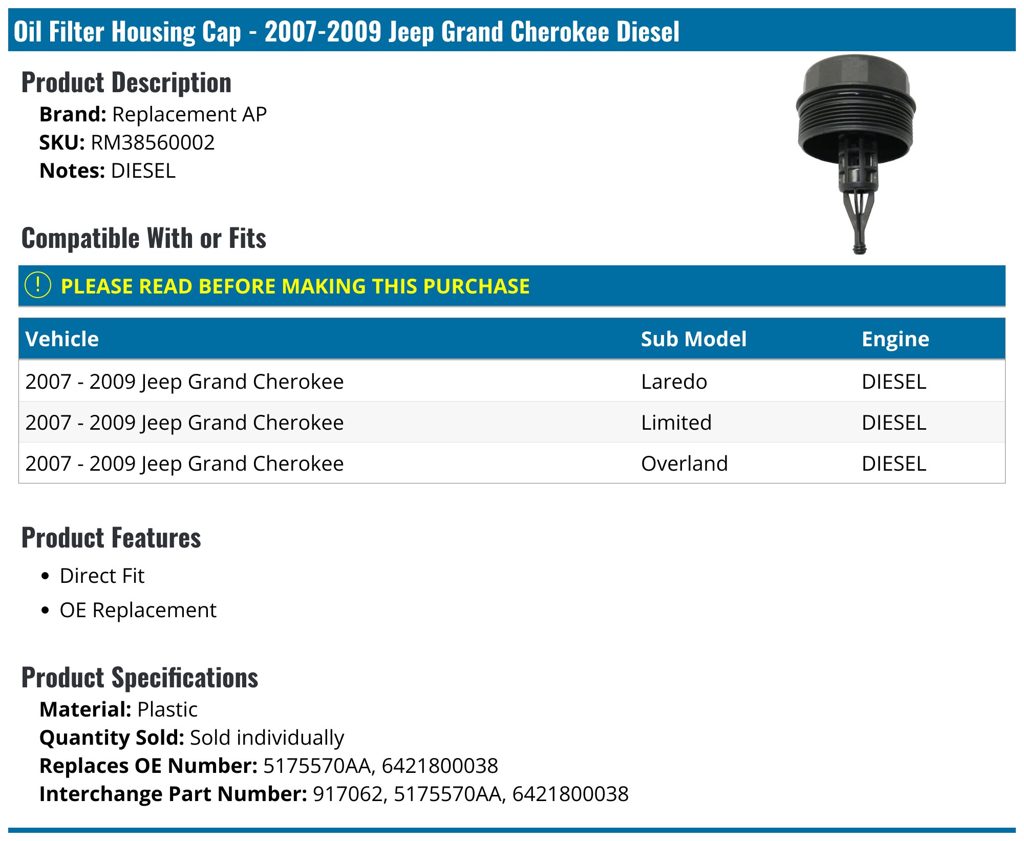 2007-2009 Jeep Grand Cherokee Oil Filter Housing Cap - Replacement AP ...