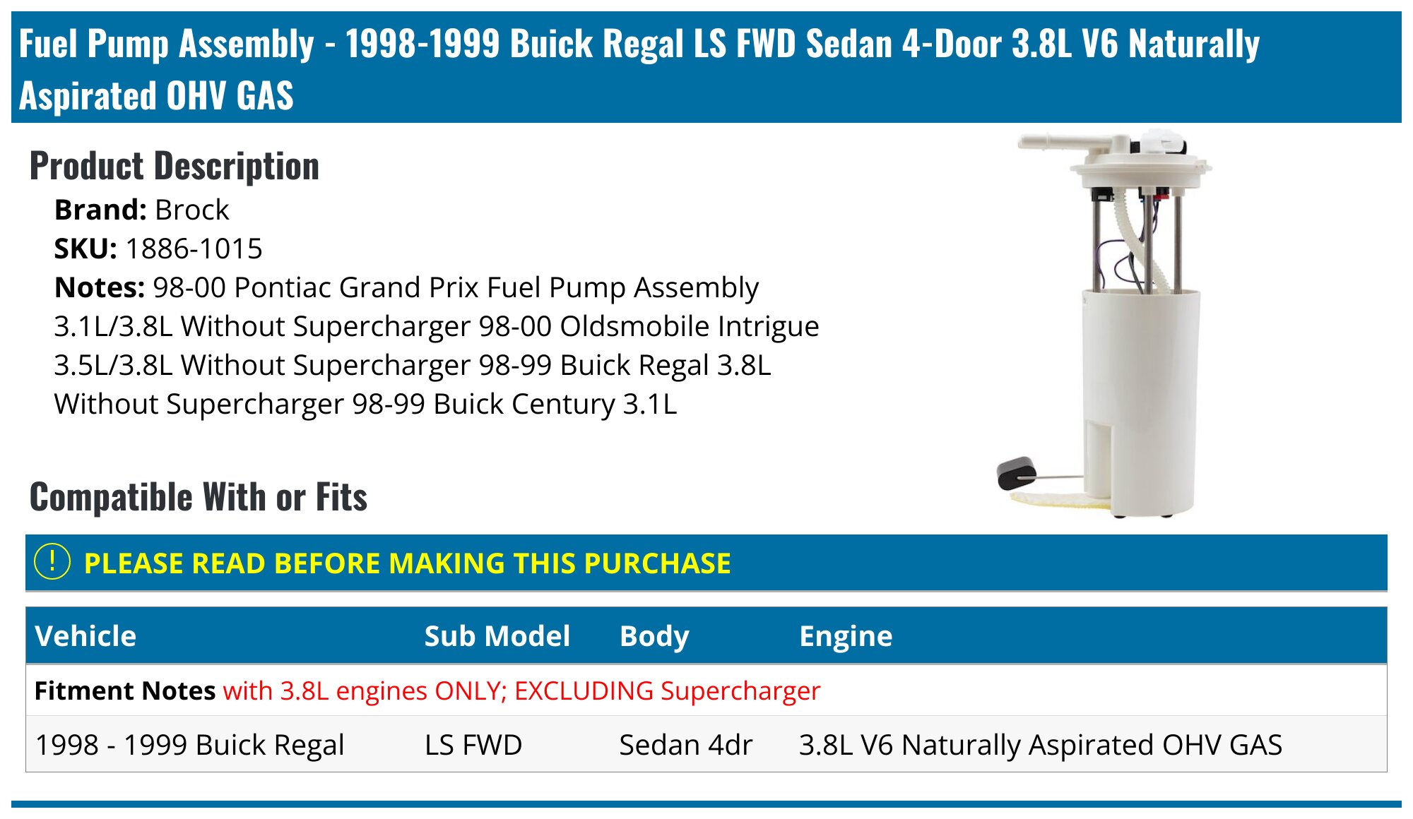 1998-1999 Buick Regal Fuel Pump - Brock 1886-1015 - PartsGeek.com