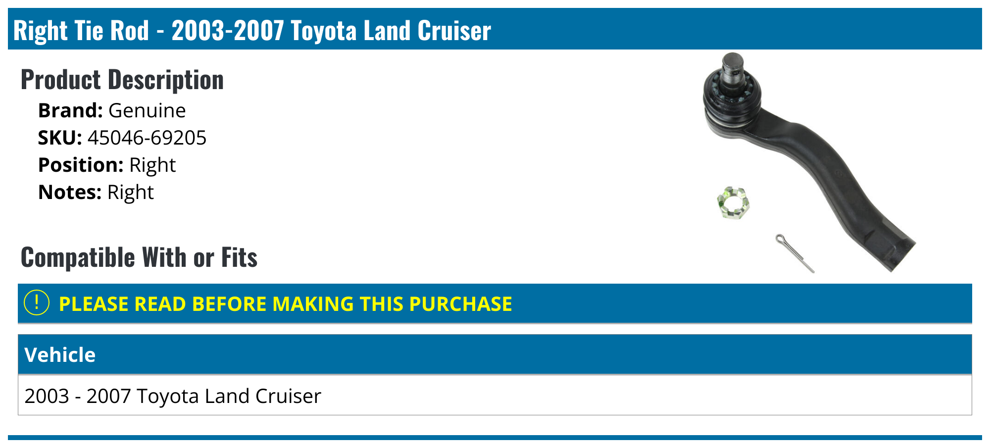 2003-2007 Toyota Land Cruiser Tie Rod - Genuine 45046-69205 - Right ...