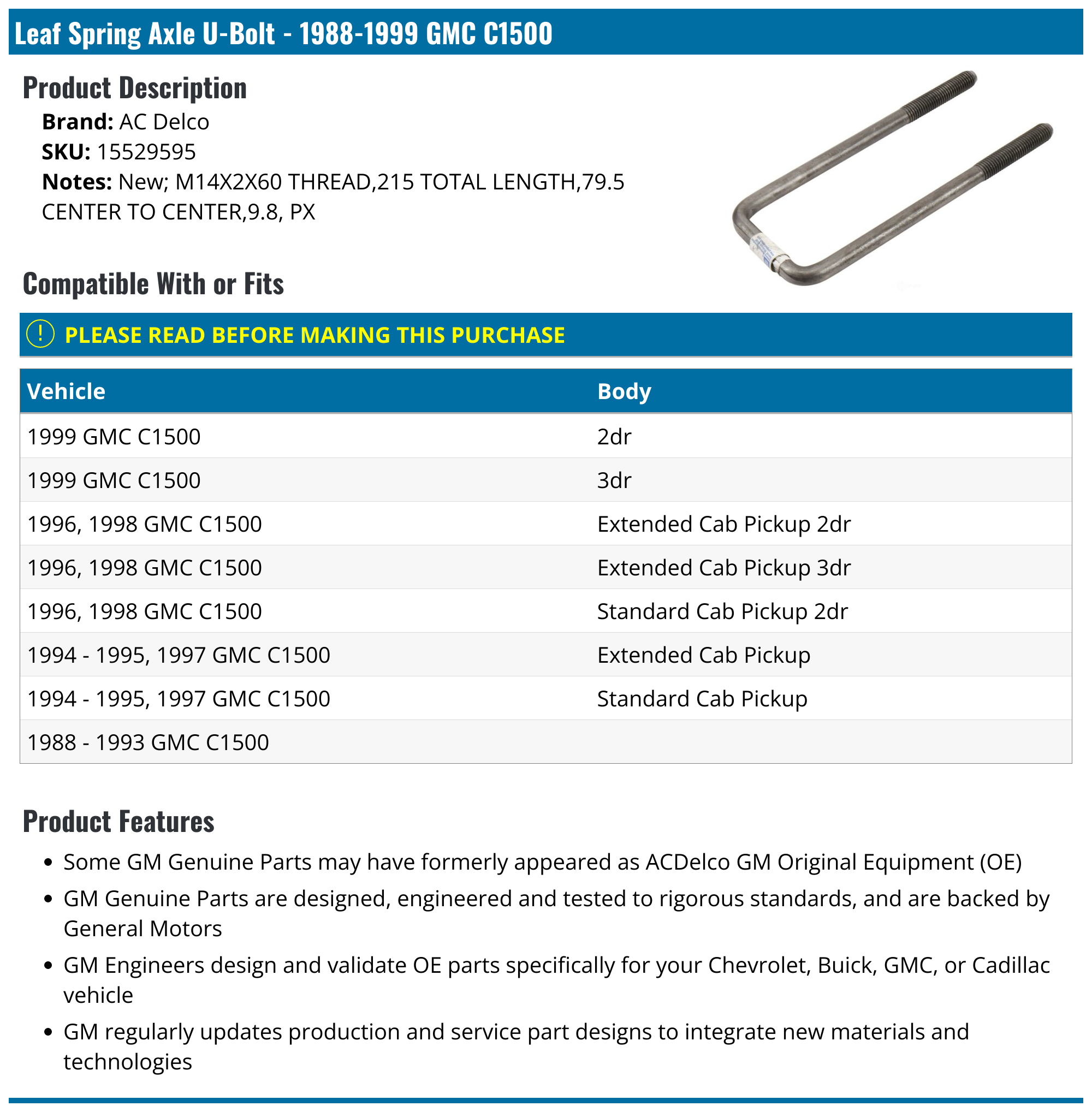 1988-1999 GMC C1500 Leaf Spring Axle U-Bolt - AC Delco 15529595 ...