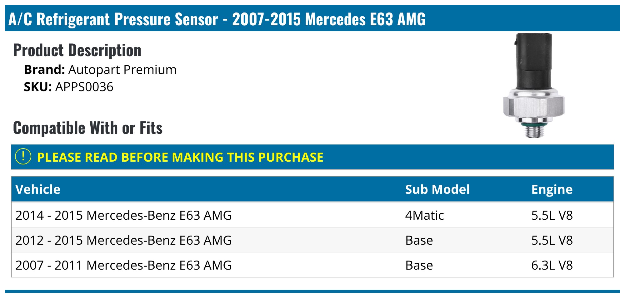2007-2015 Mercedes E63 AMG A/C Refrigerant Pressure Sensor - Autopart ...
