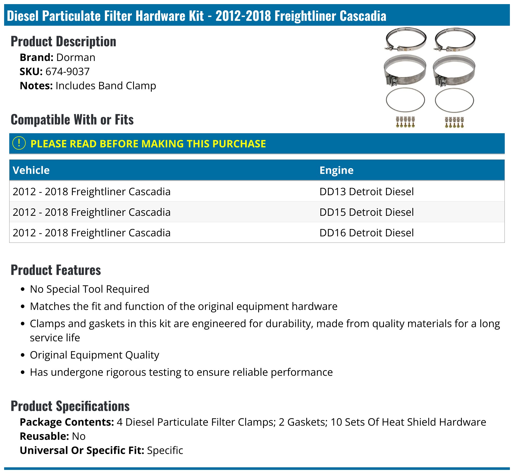 2012-2018 Freightliner Cascadia Diesel Particulate Filter Hardware Kit ...
