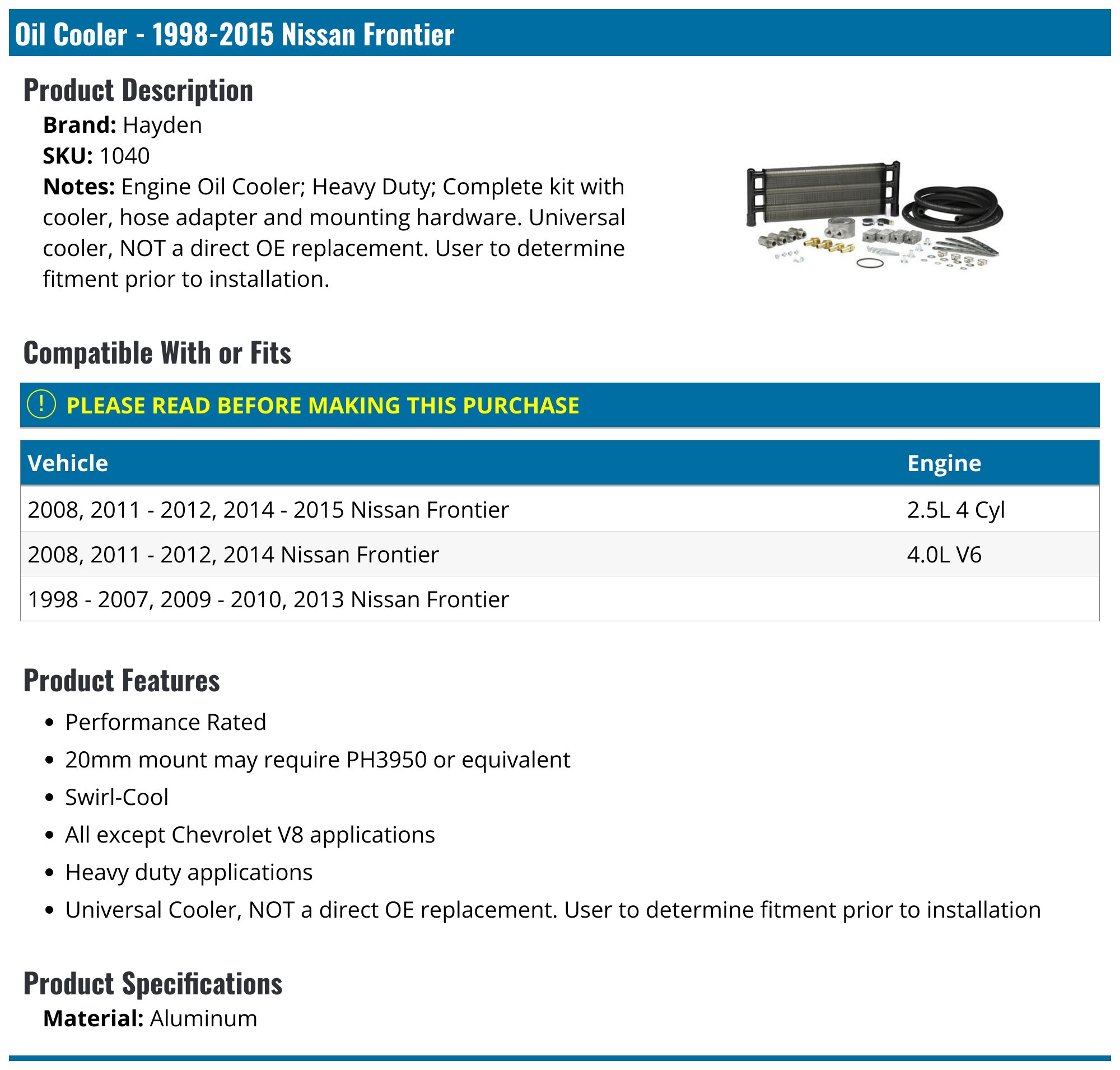 1998-2015 Nissan Frontier Oil Cooler - Hayden 1040 - PartsGeek.com