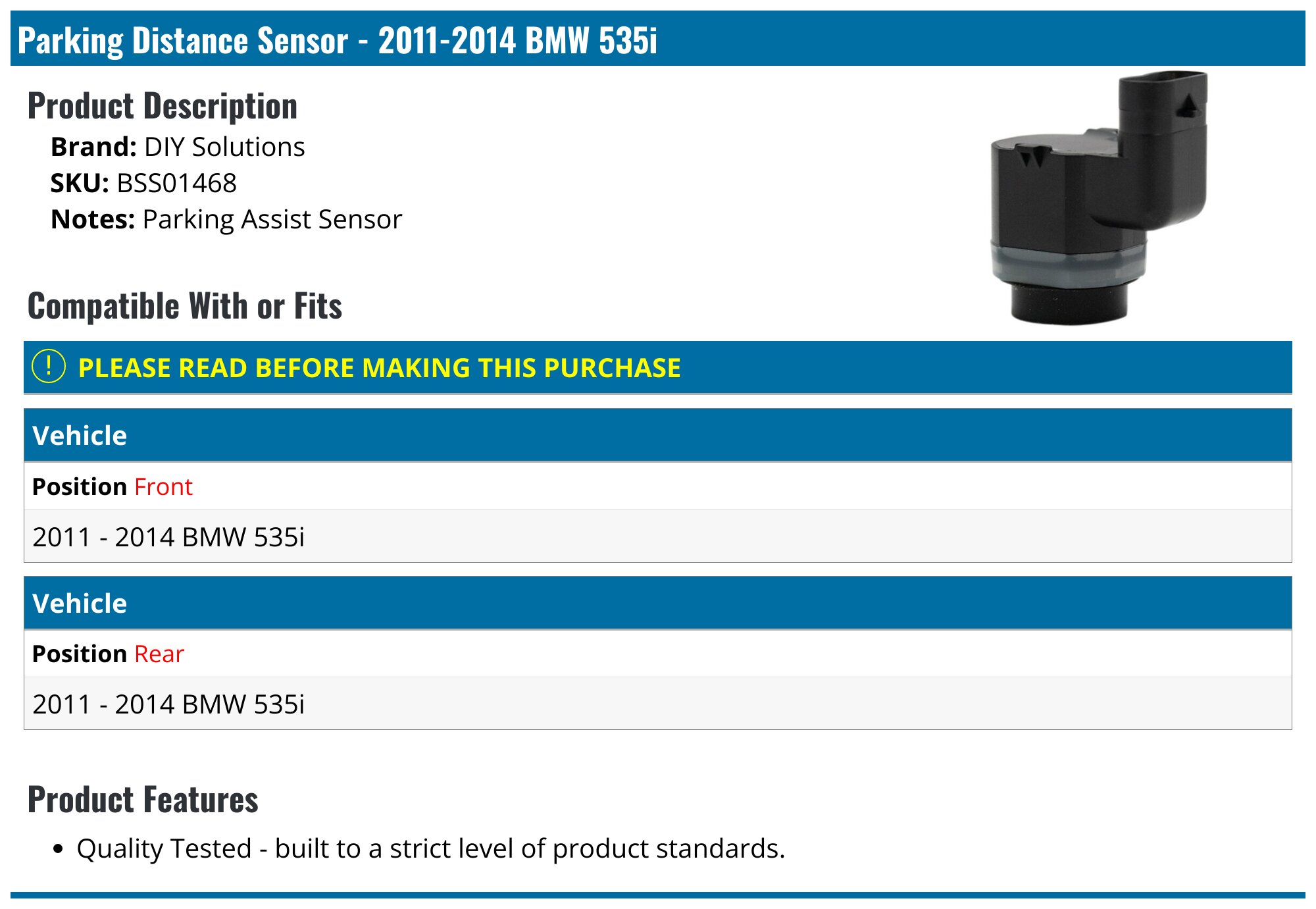 2011-2014 BMW 535i Parking Distance Sensor - DIY Solutions BSS01468 ...