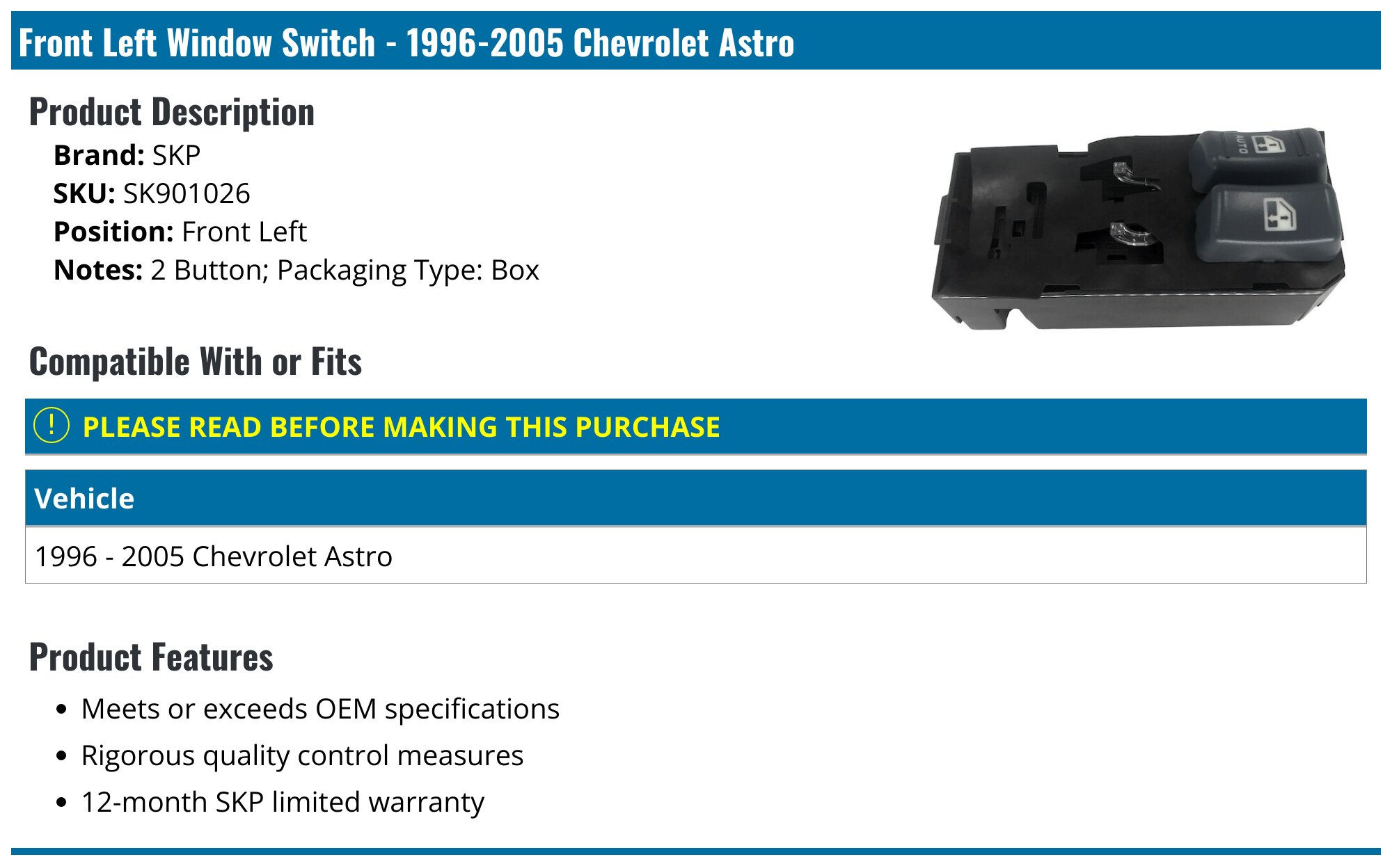 1996-2005 Chevrolet Astro Window Switch - SKP SK901026 - Front Left ...