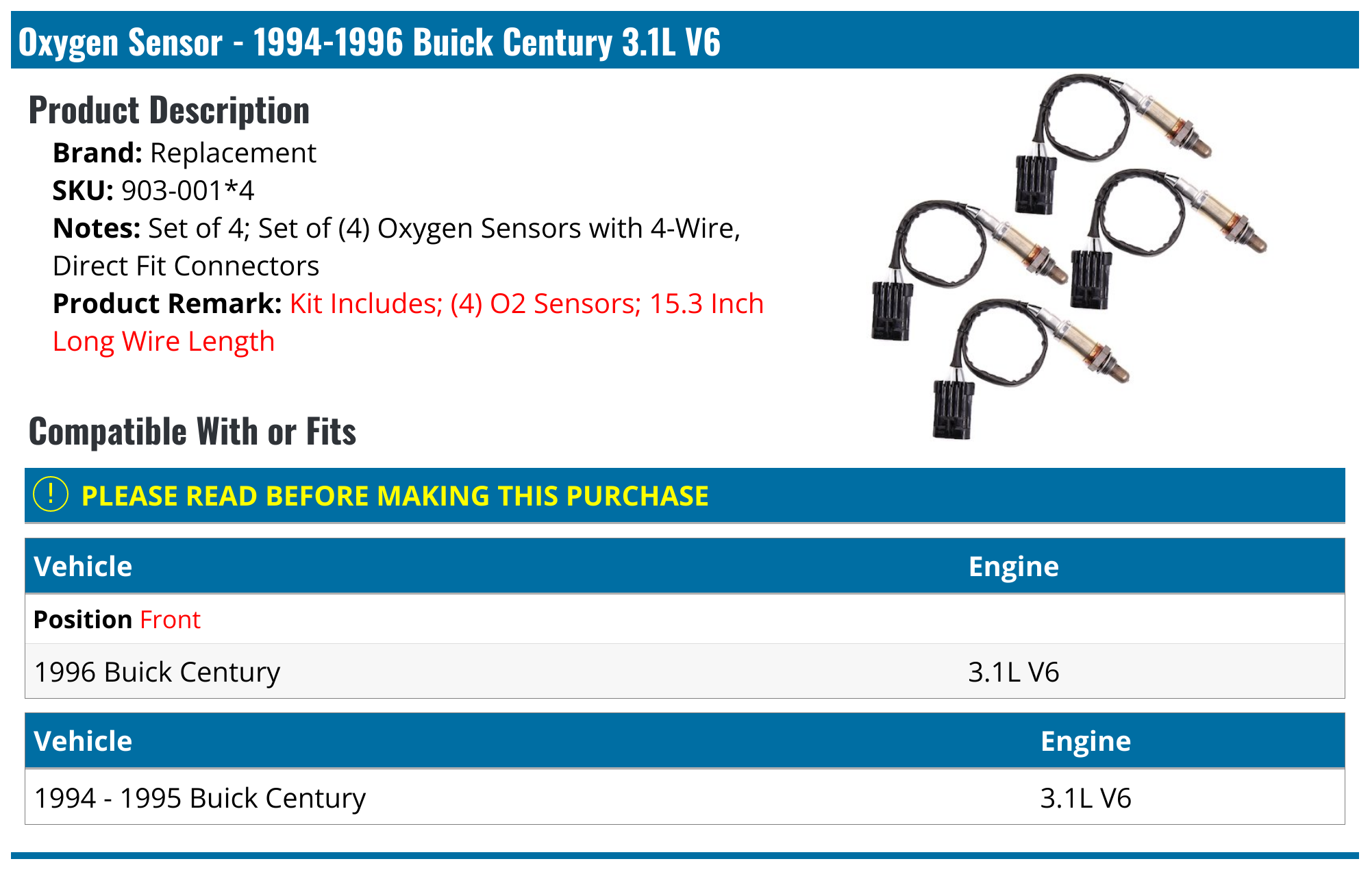 1994-1996 Buick Century Oxygen Sensor - Replacement 903-001*4 ...