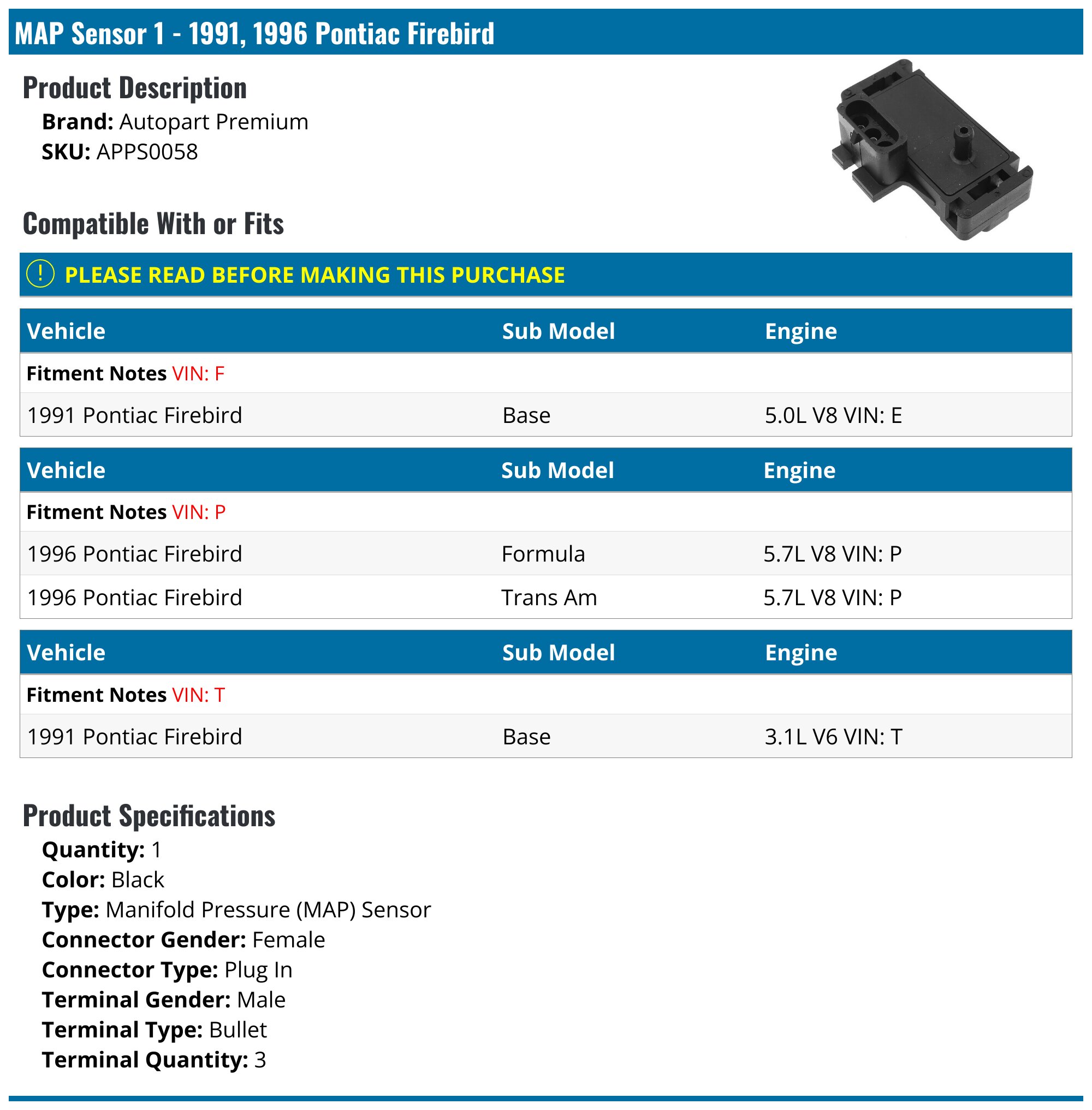 1991, 1996 Pontiac Firebird MAP Sensor - Autopart Premium APPS0058 ...