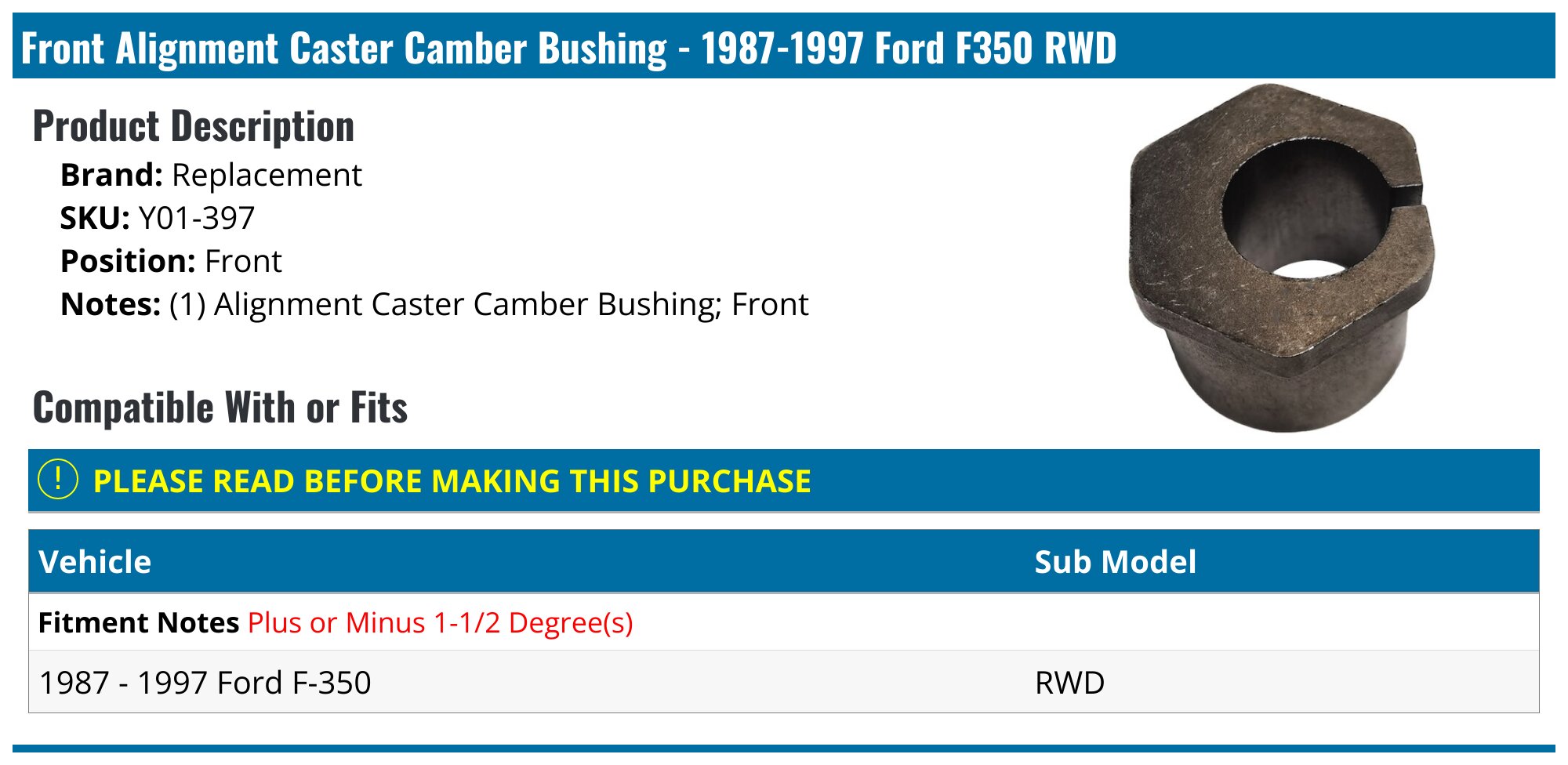 1987-1997 Ford F350 Alignment Caster Camber Bushing - Replacement Y01 ...
