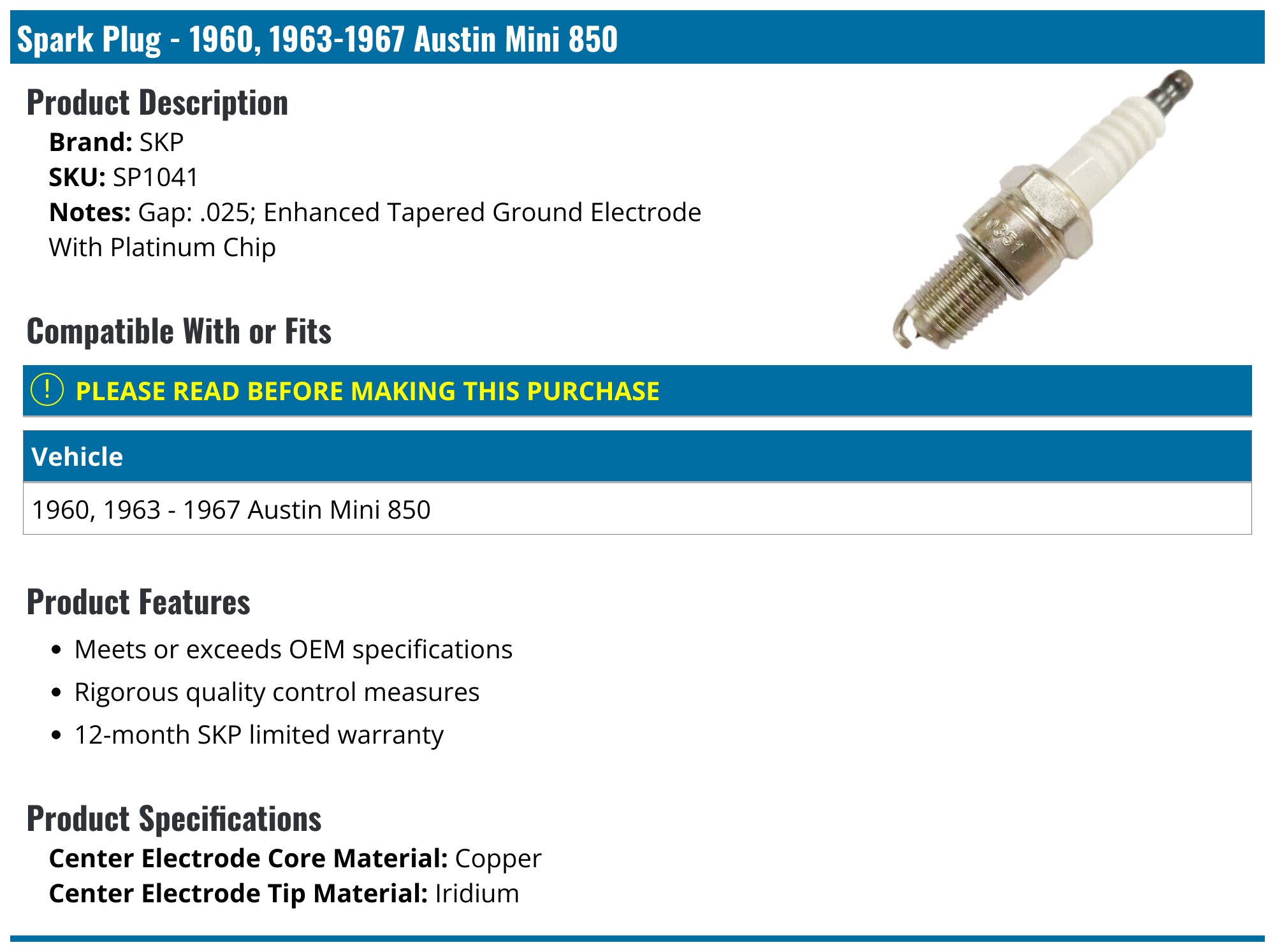 1960, 1963-1967 Austin Mini 850 Spark Plug - SKP SP1041 - PartsGeek.com