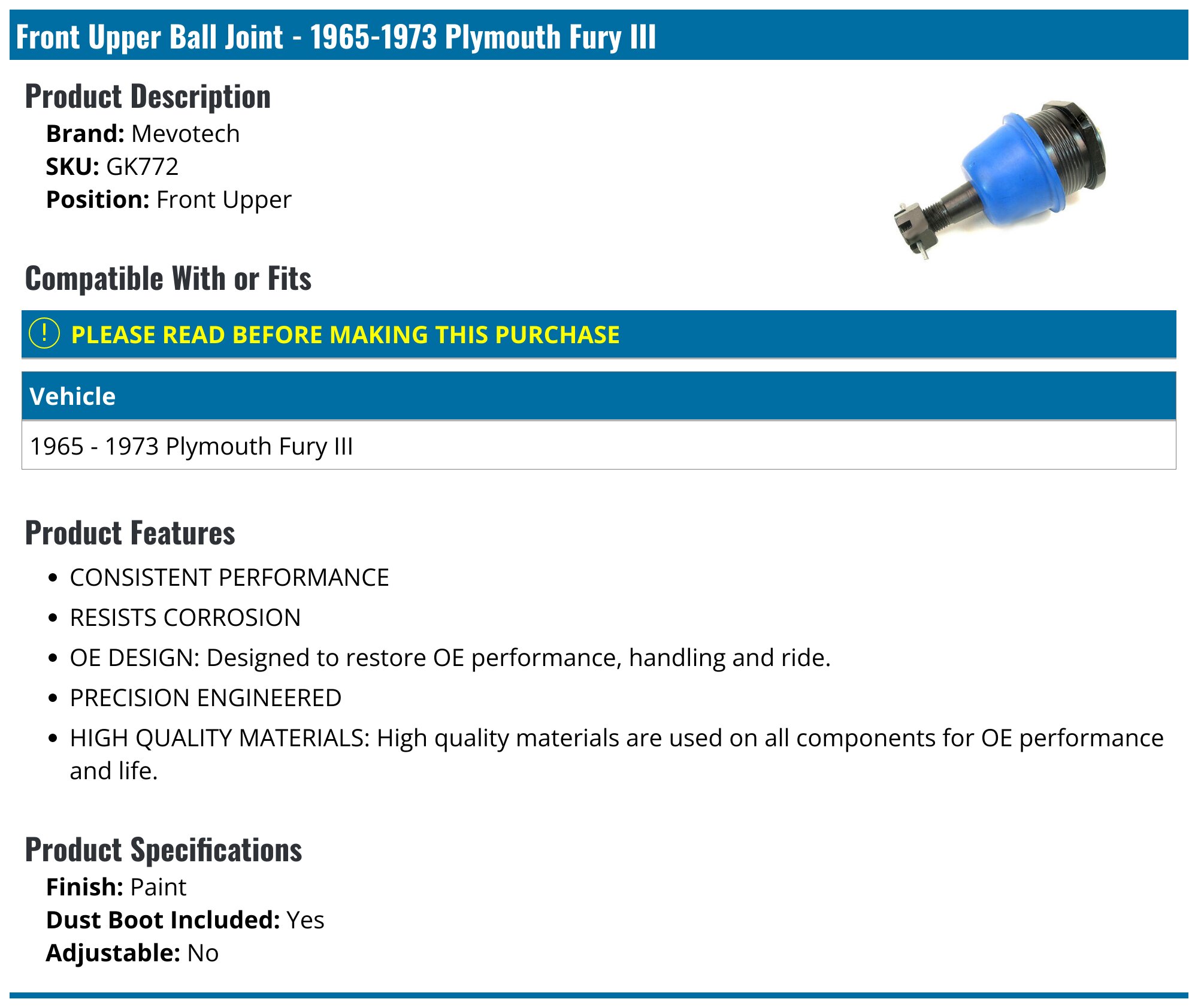 1965-1973 Plymouth Fury III Ball Joint - Mevotech GK772 - Front Upper ...