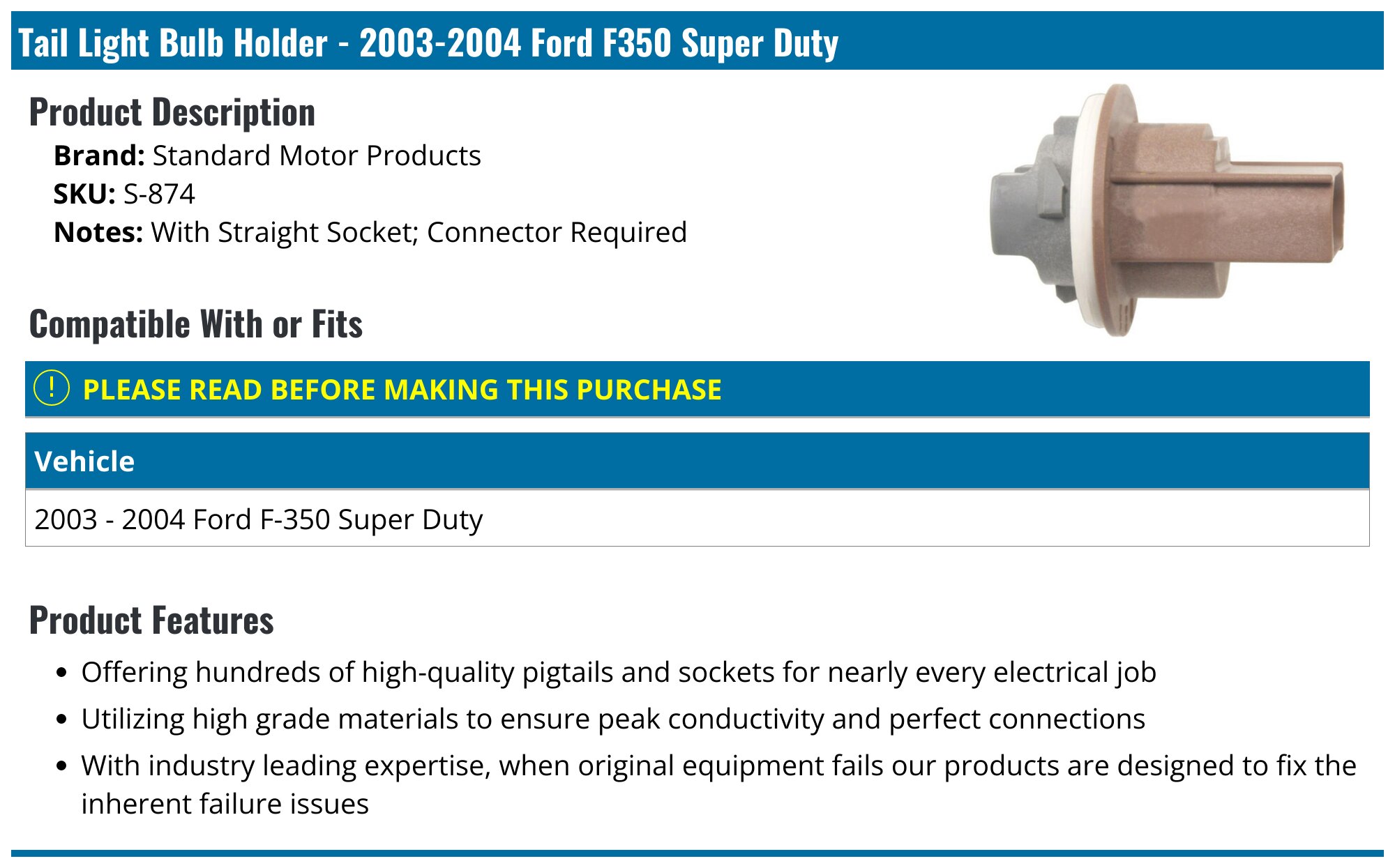 2003-2004 Ford F350 Super Duty Tail Light Bulb Holder - Standard Motor ...