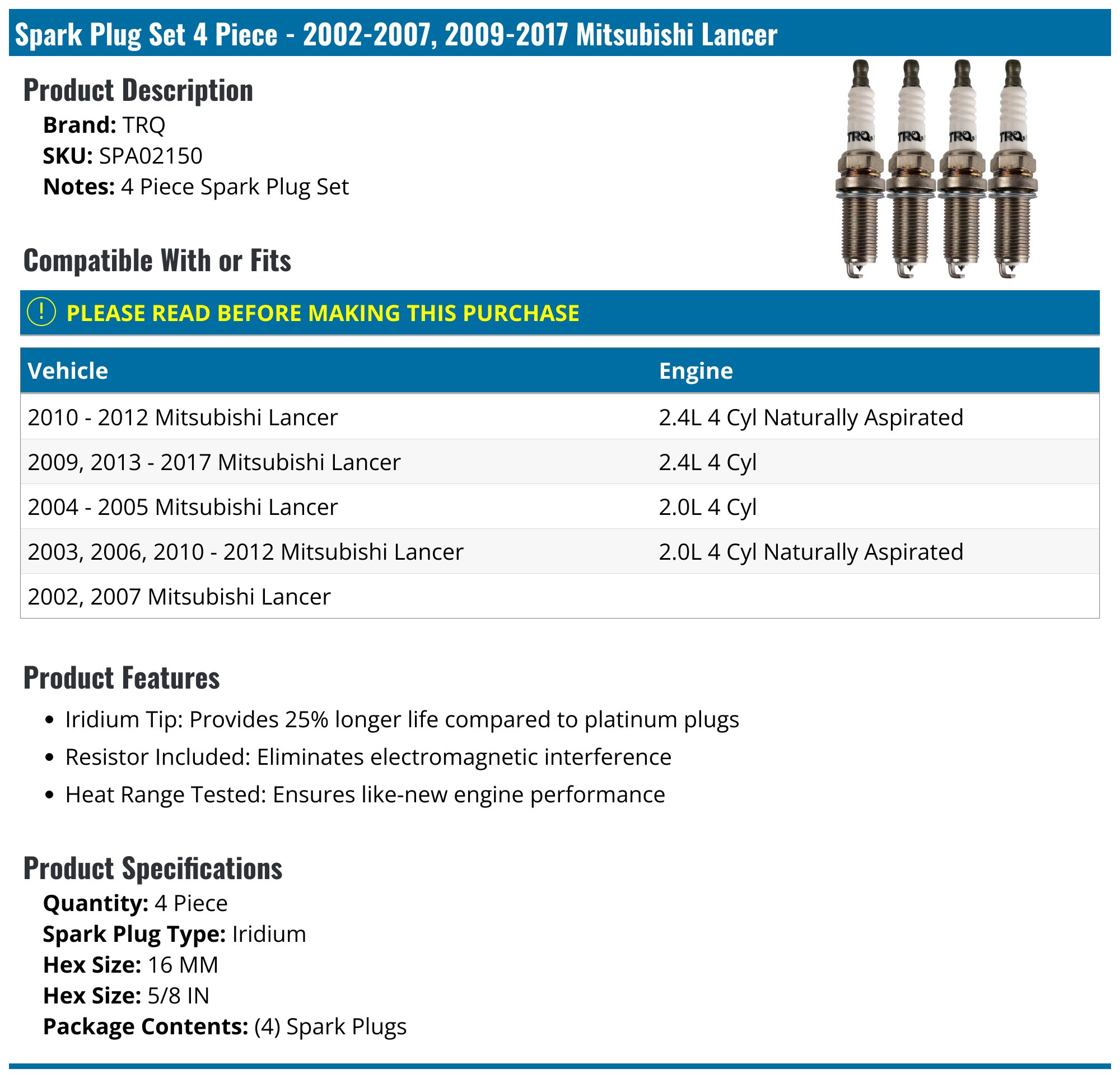 2002-2007, 2009-2017 Mitsubishi Lancer Spark Plug - TRQ SPA02150 ...