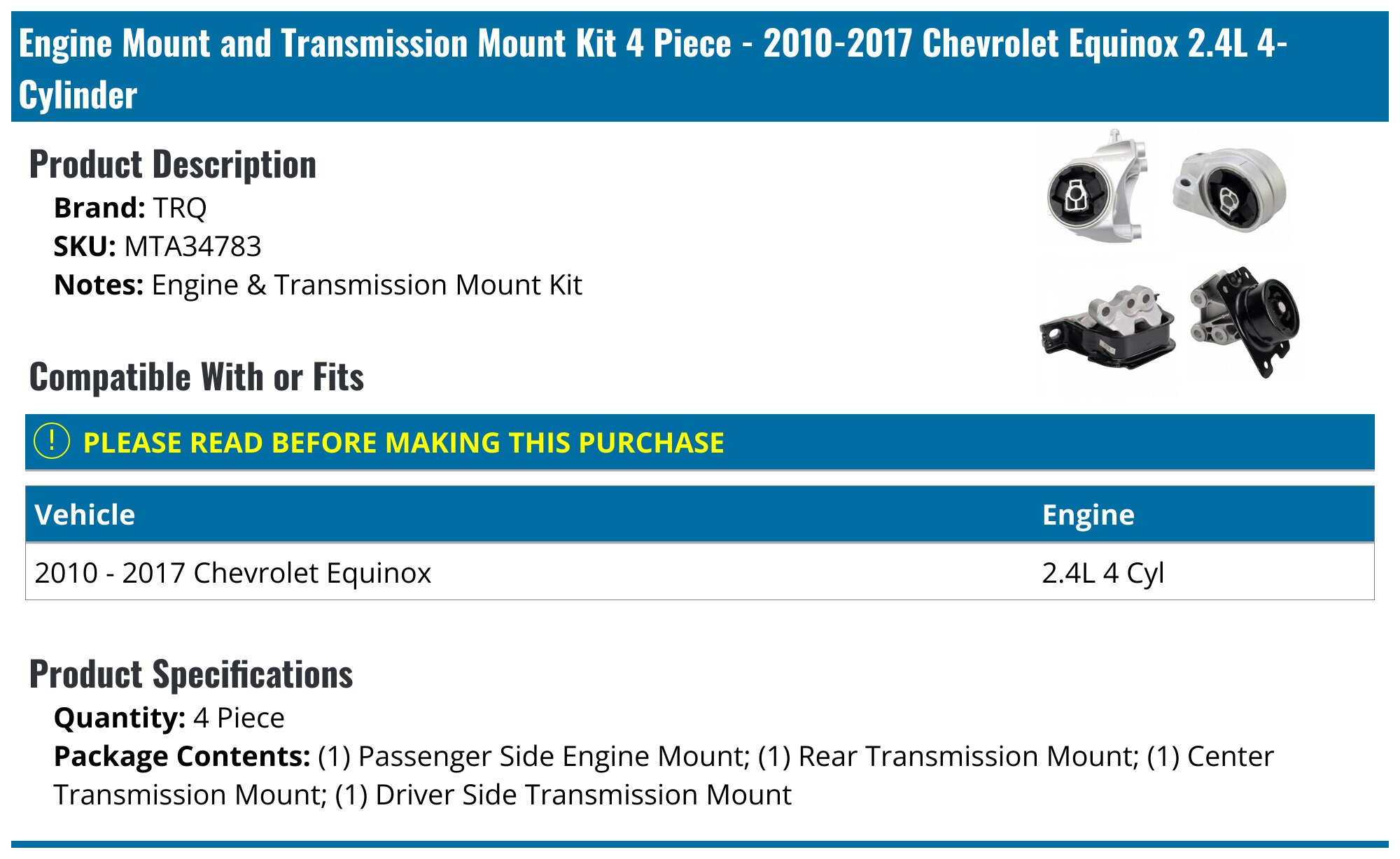 2010-2017 Chevrolet Equinox Engine Mount - TRQ MTA34783 - PartsGeek.com
