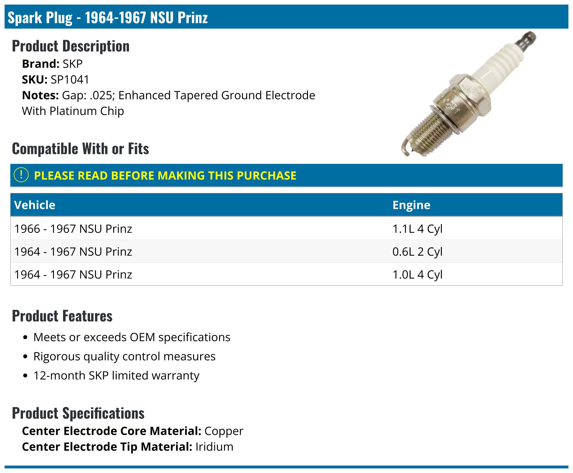 1964-1967 NSU Prinz Spark Plug - SKP SP1041 - PartsGeek.com