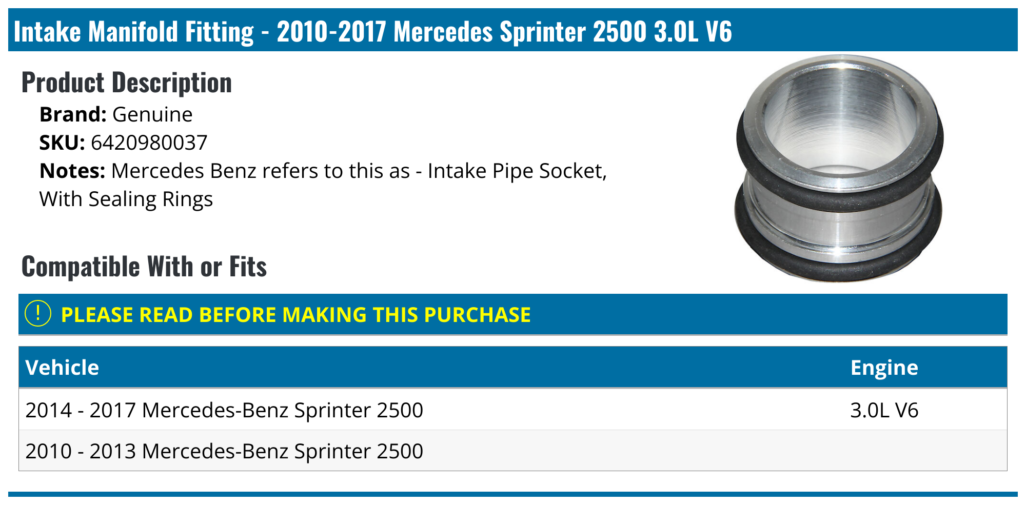 2010-2017 Mercedes Sprinter 2500 Intake Manifold Fitting - Genuine ...