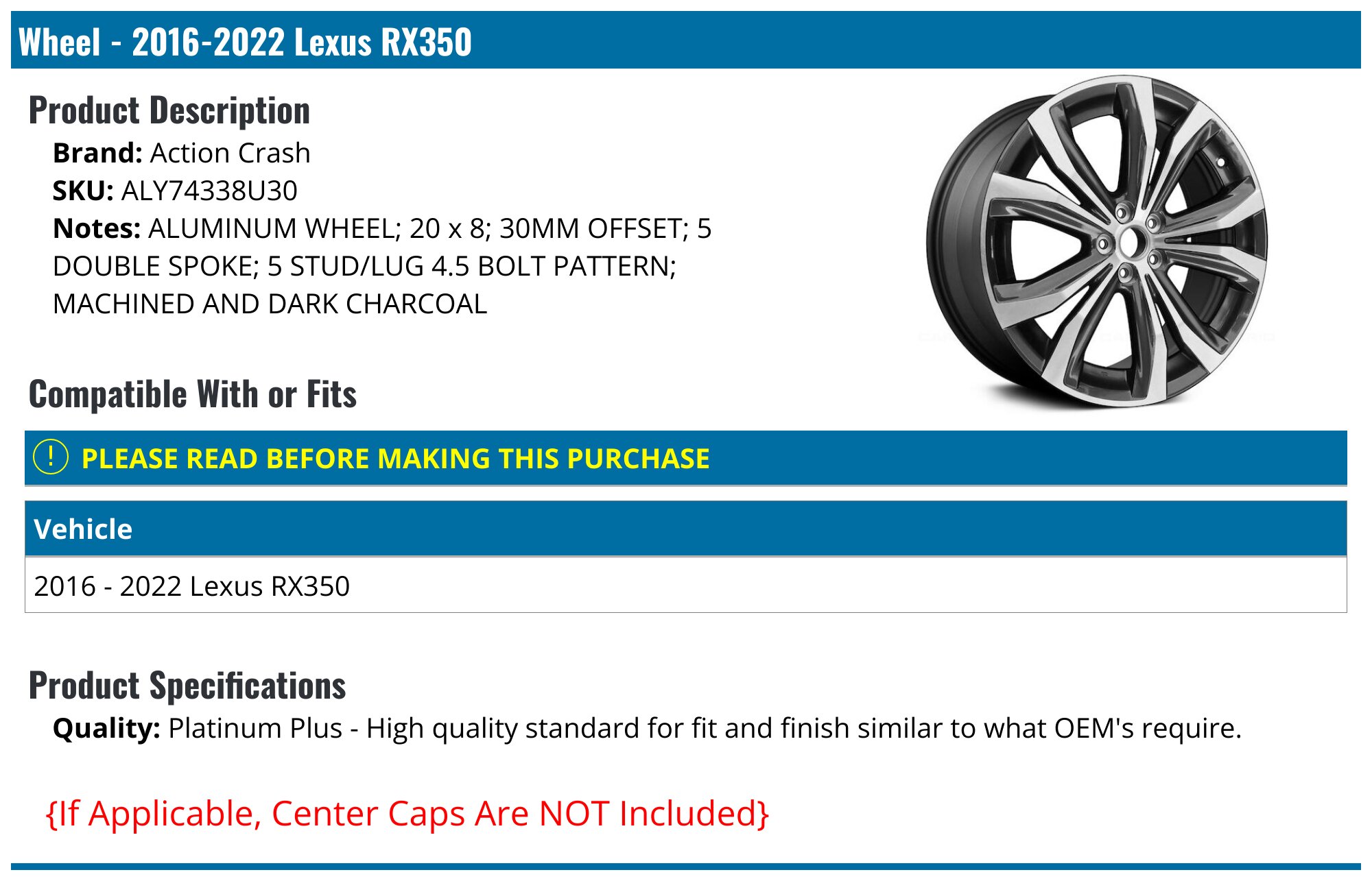 2016-2022 Lexus RX350 Wheel - Action Crash ALY74338U30 - PartsGeek.com
