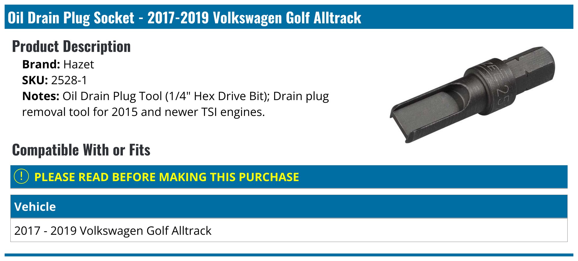 2017-2019 Volkswagen Golf Alltrack Oil Drain Plug Socket - Hazet 2528-1 ...