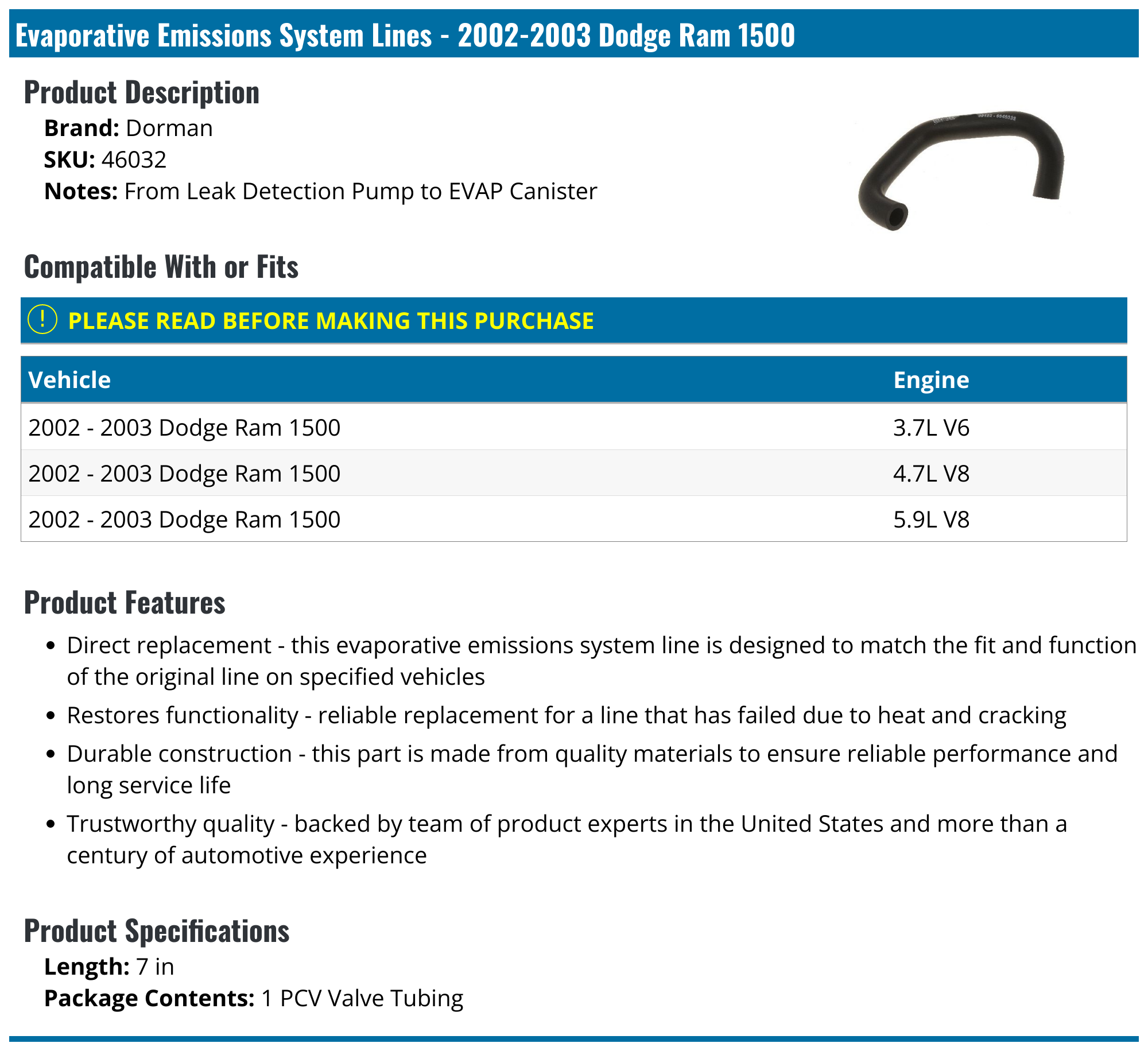 2002-2003 Dodge Ram 1500 Evaporative Emissions System Lines - Dorman ...
