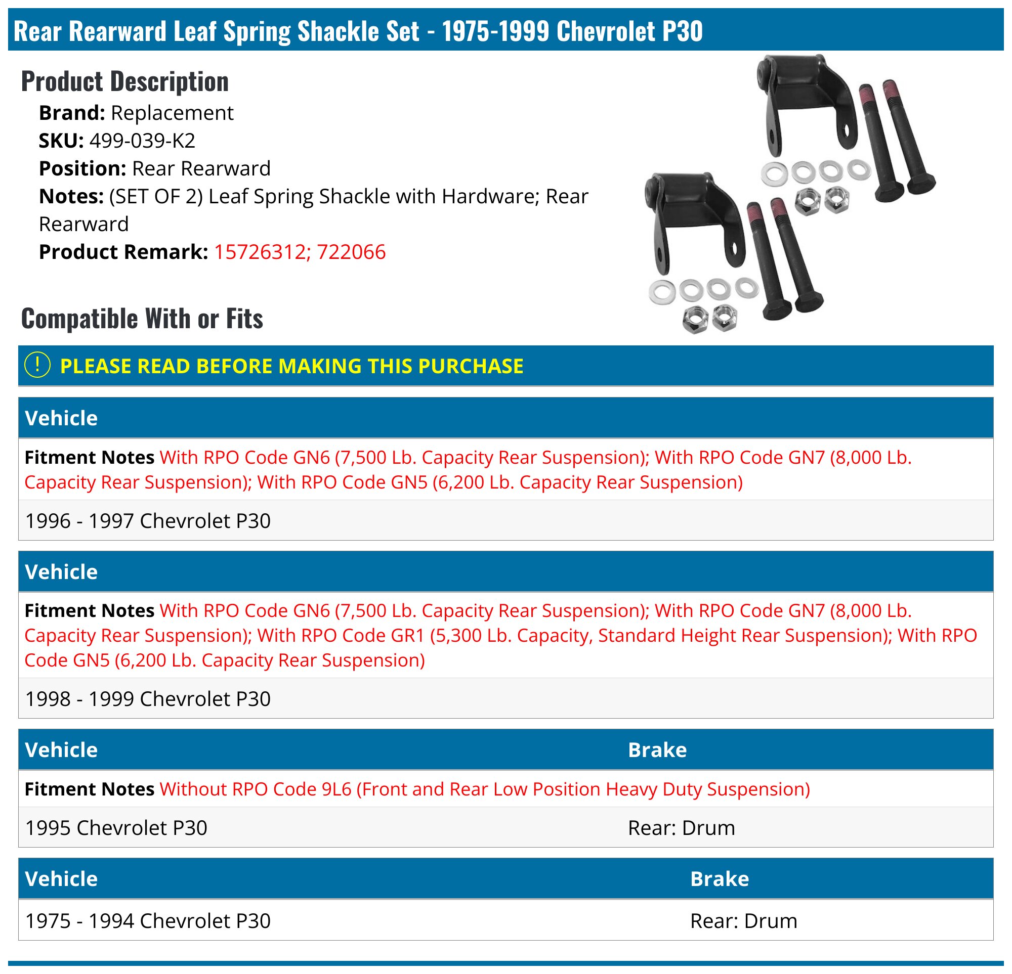 1975-1999 Chevrolet P30 Leaf Spring Shackle - Replacement 499-039-K2 ...