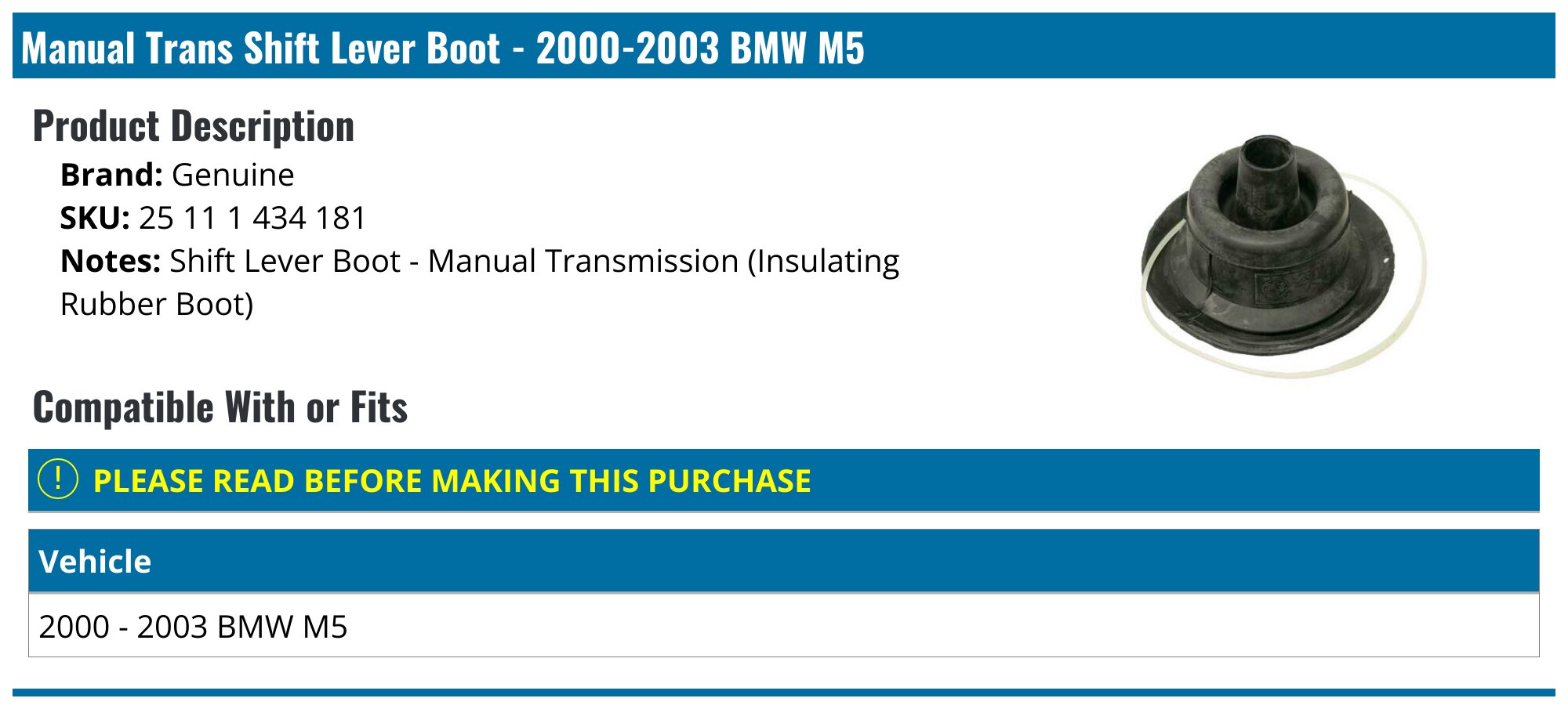 2000-2003 BMW M5 Manual Trans Shift Lever Boot - Genuine 25 11 1 434 ...