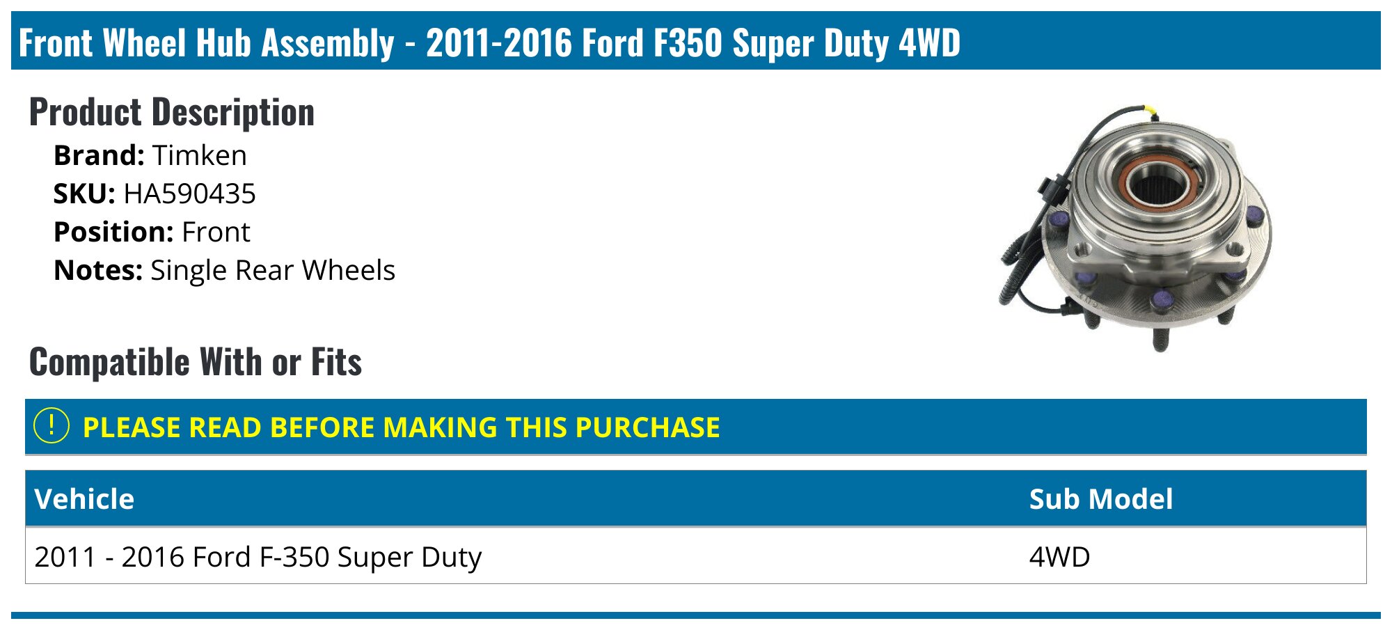 2011-2016 Ford F350 Super Duty Wheel Hub Assembly - Timken HA590435 ...