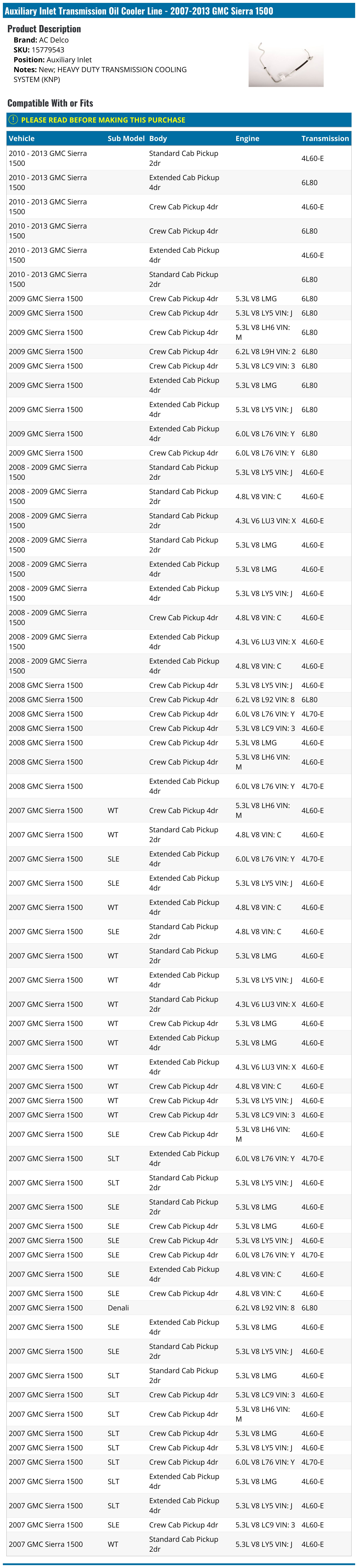 2007-2013 GMC Sierra 1500 Transmission Oil Cooler Line - AC Delco ...