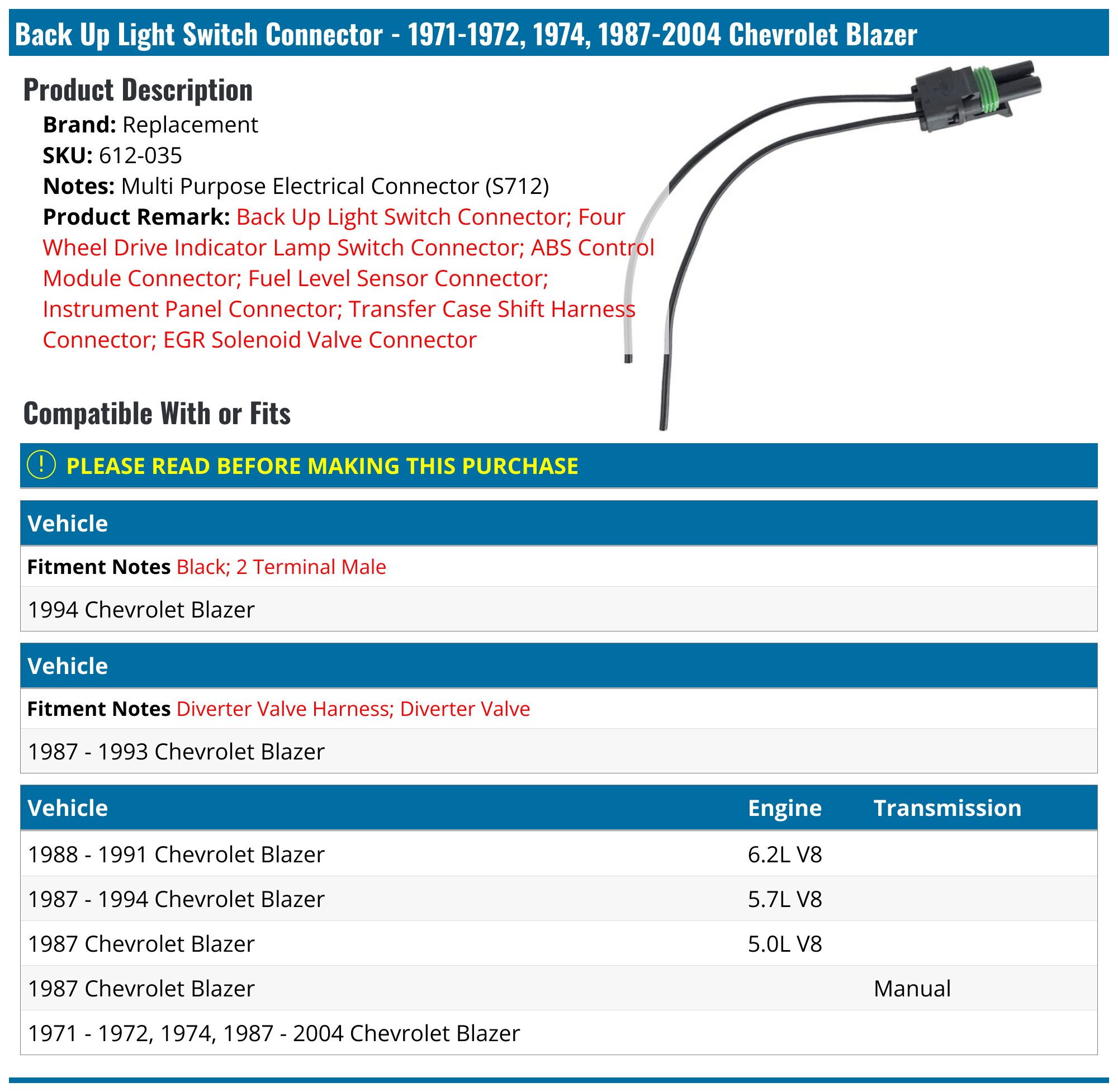 1971-1972, 1974, 1987-2004 Chevrolet Blazer Back Up Light Switch ...