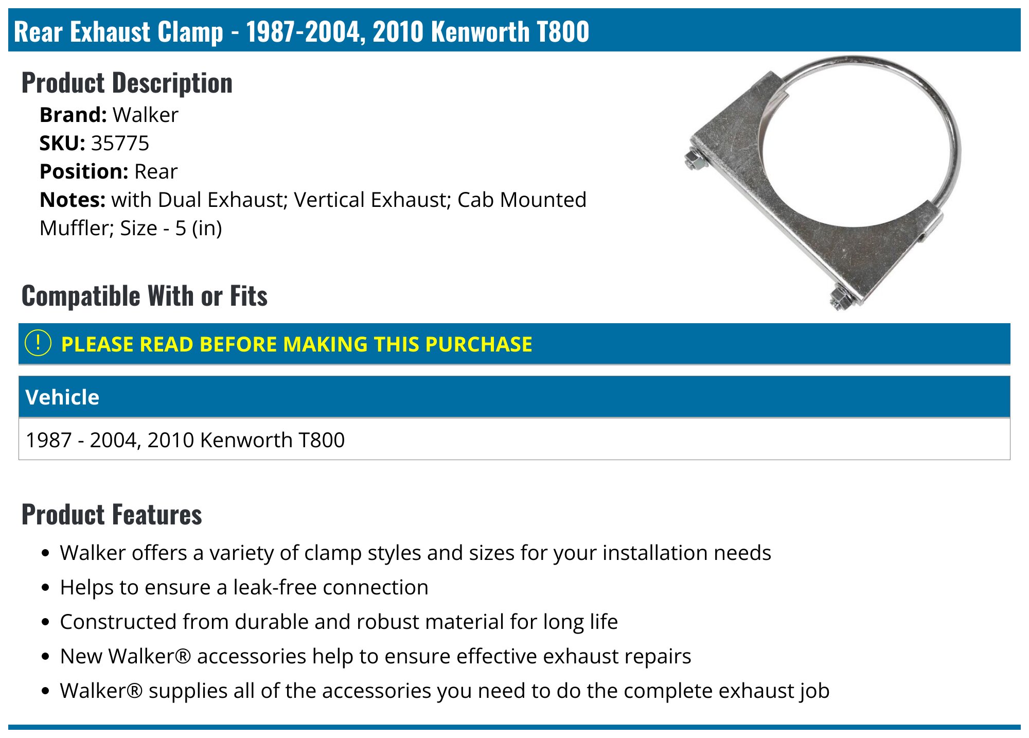 1987-2004, 2010 Kenworth T800 Exhaust Clamp - Walker 35775 - Rear ...