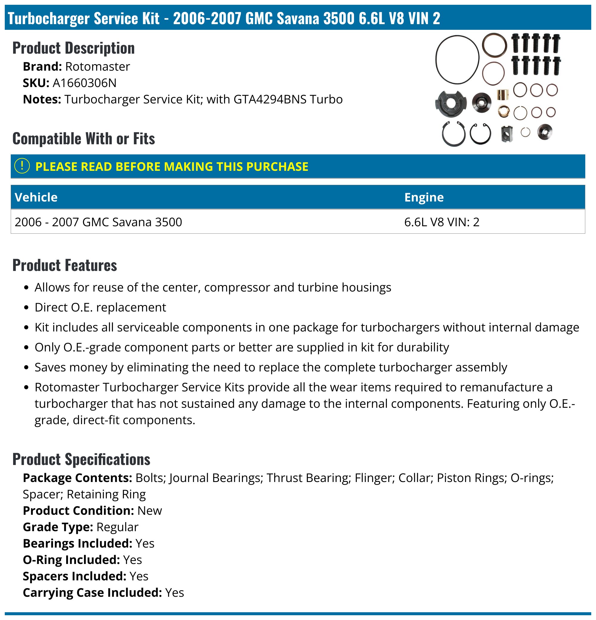 2006-2007 GMC Savana 3500 Turbocharger Service Kit - Rotomaster ...