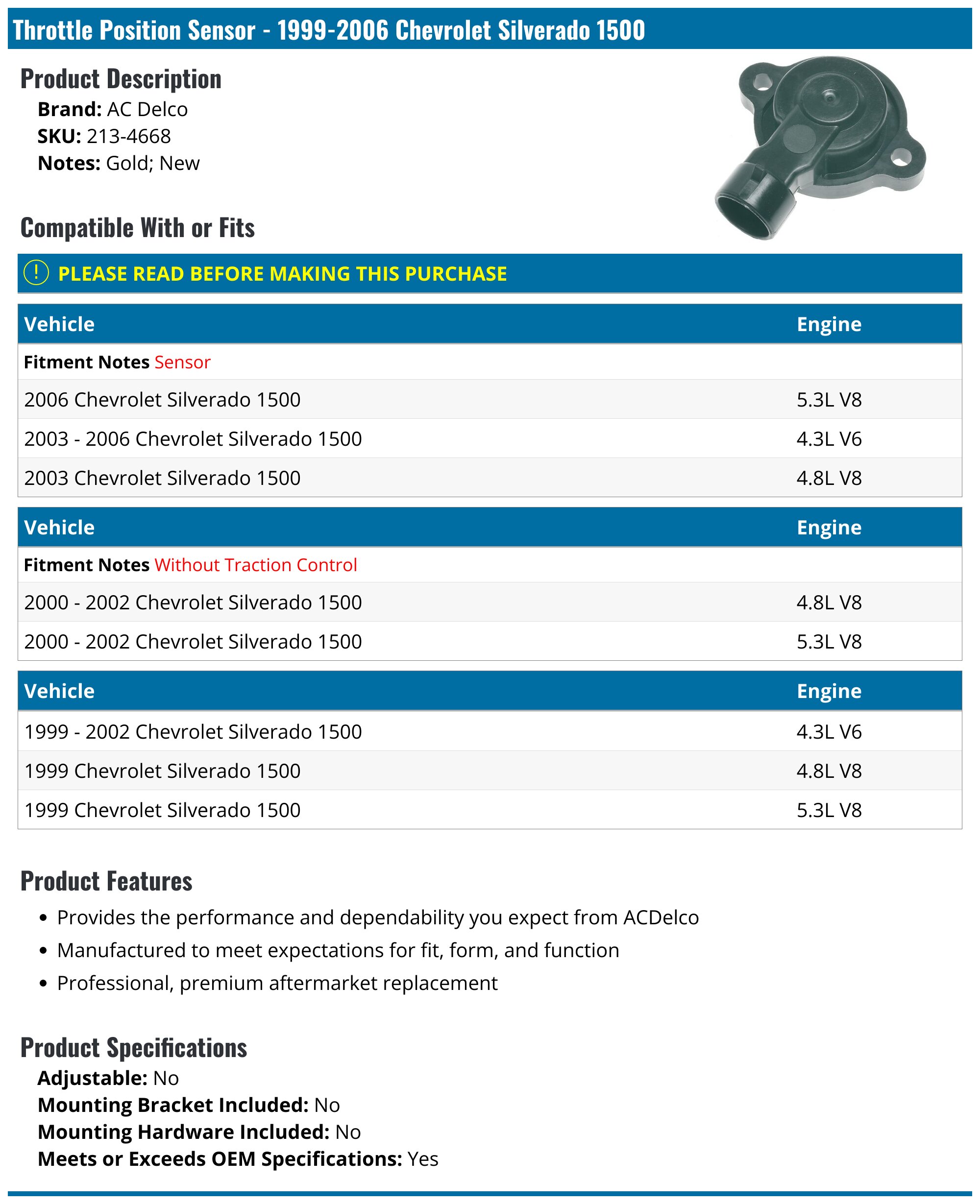1999-2006 Chevrolet Silverado 1500 Throttle Position Sensor - AC Delco ...