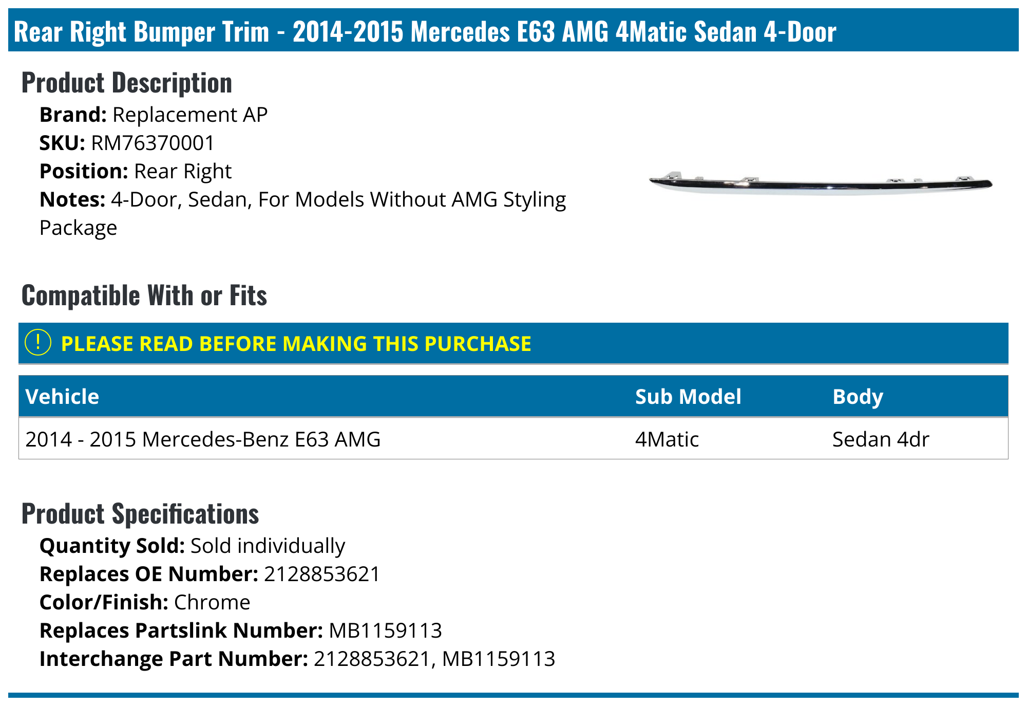 2014-2015 Mercedes E63 AMG Bumper Trim - Replacement AP RM76370001 ...