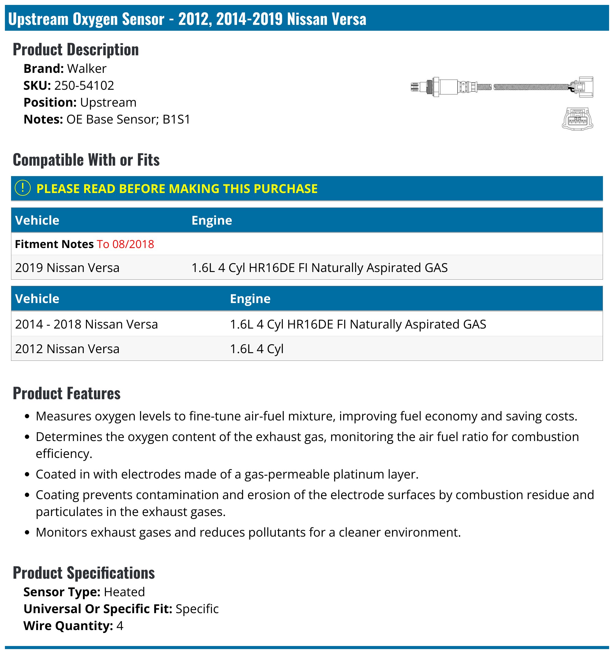 2012, 2014-2019 Nissan Versa Oxygen Sensor - Walker 250-54102 ...