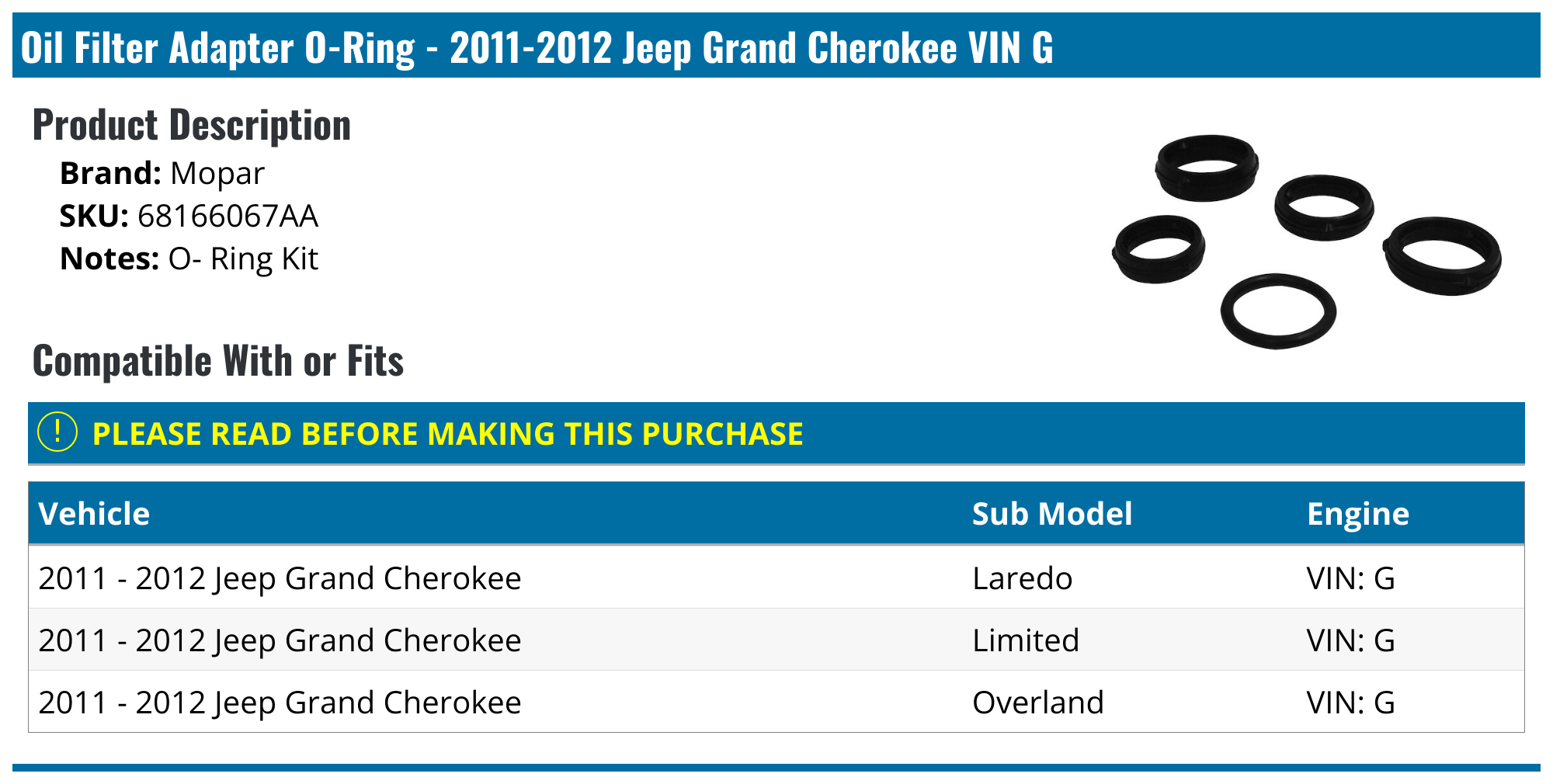 2011-2012 Jeep Grand Cherokee Oil Filter Adapter O-Ring - Mopar ...