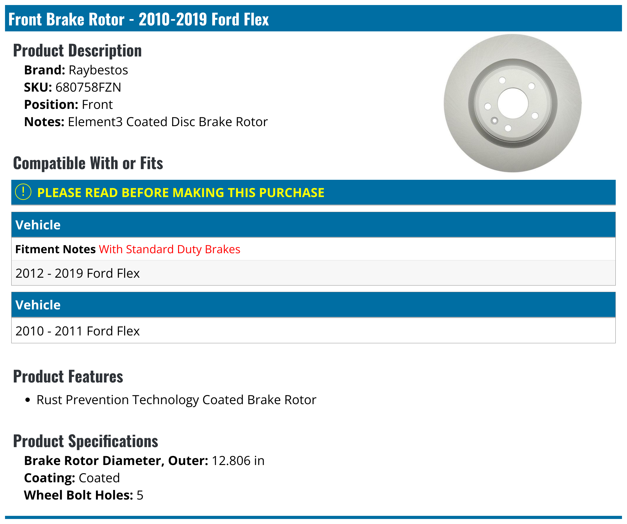 2010-2019 Ford Flex Brake Rotor - Raybestos 680758FZN - Front ...