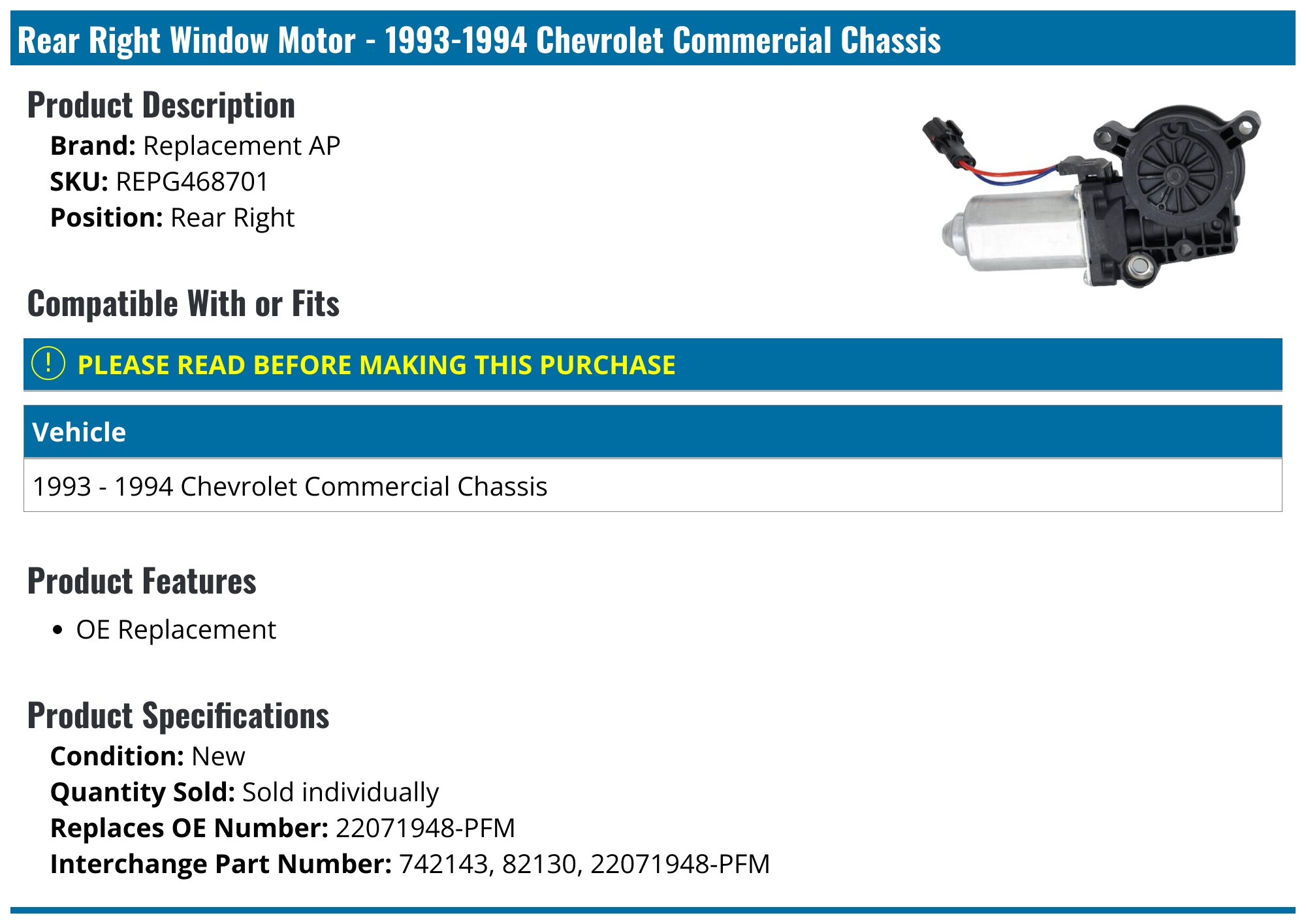 1993-1994 Chevrolet Commercial Chassis Window Motor - Replacement AP ...